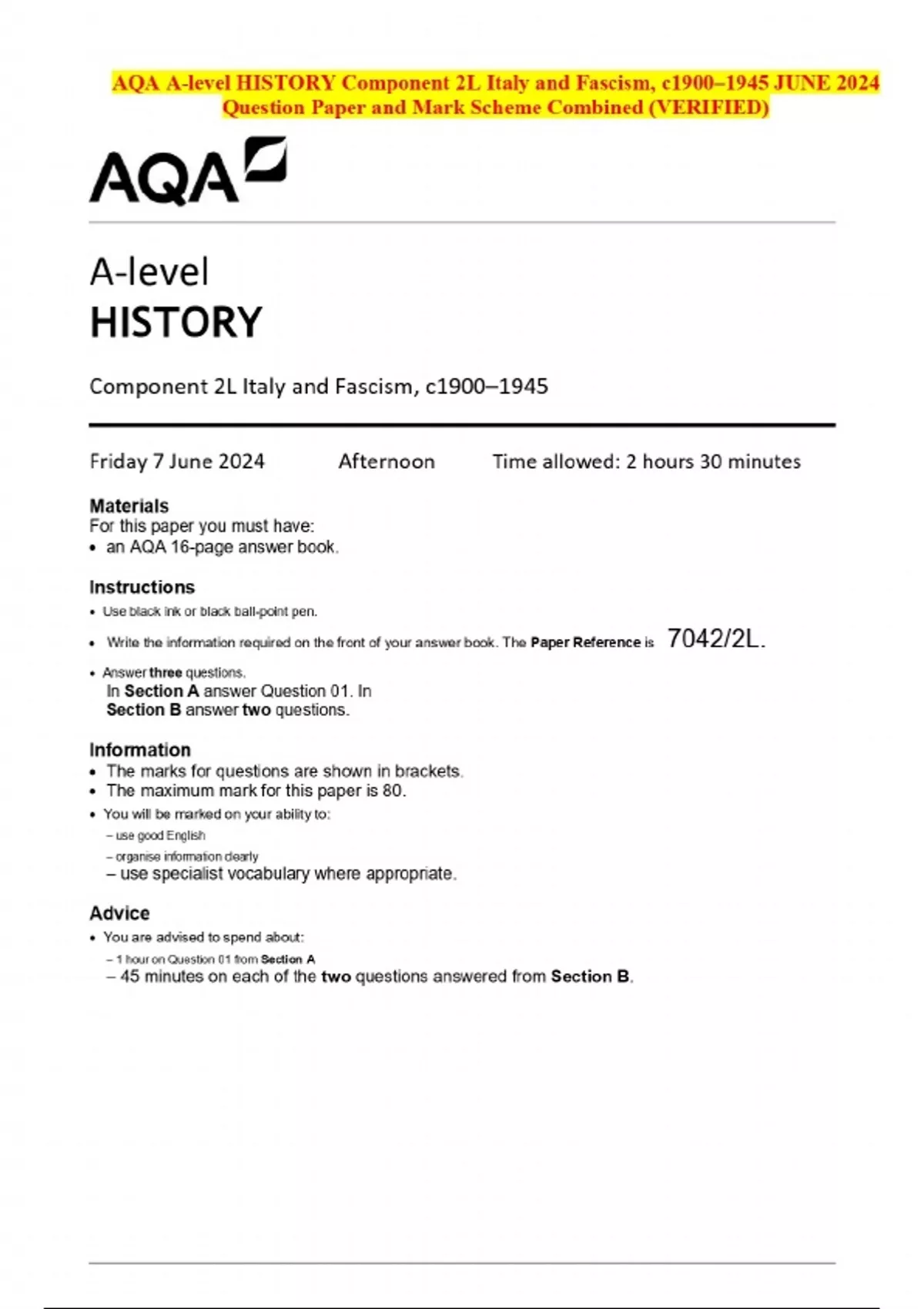 AQA A-level HISTORY Component 2L Italy and Fascism, c1900–1945 JUNE ...