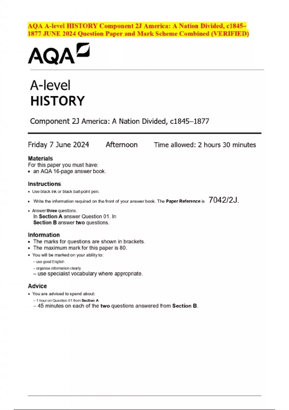 AQA A-level HISTORY Component 2J America: A Nation Divided, c1845– 1877 ...