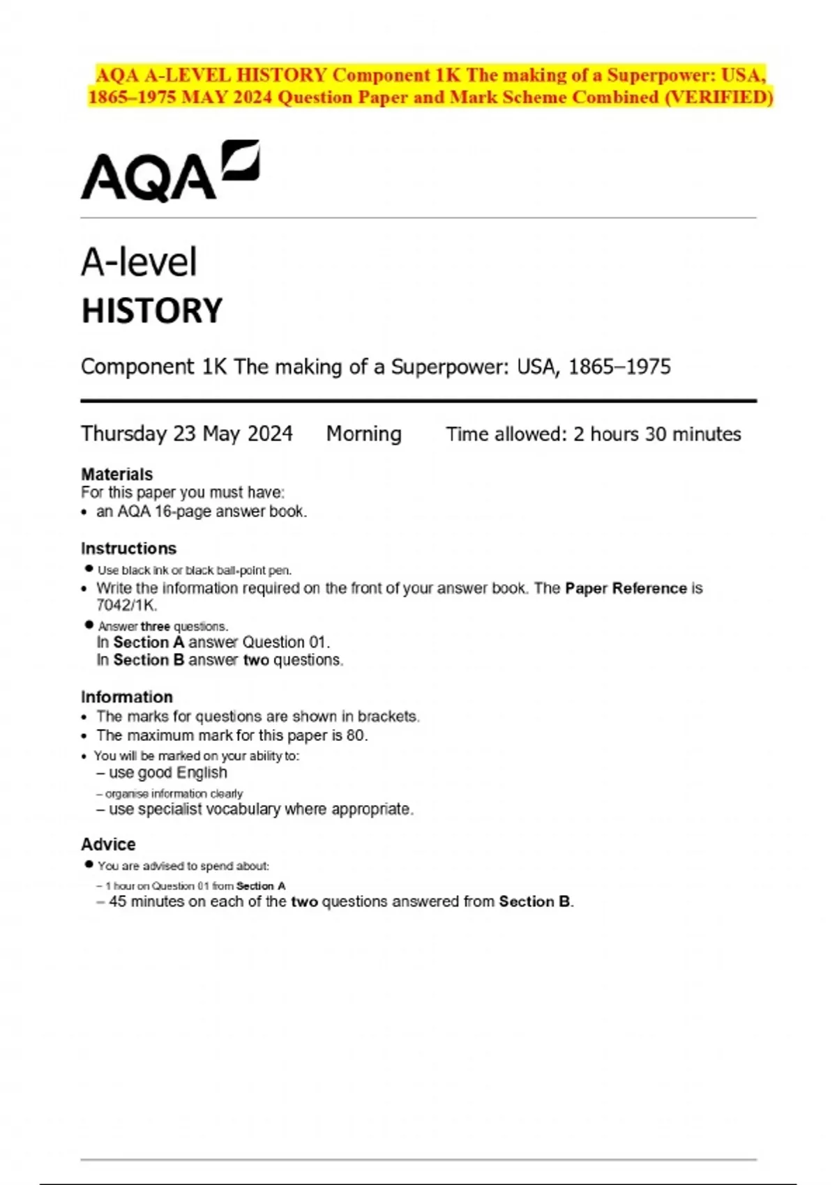 AQA A-LEVEL HISTORY Component 1K The making of a Superpower: USA, 1865 ...