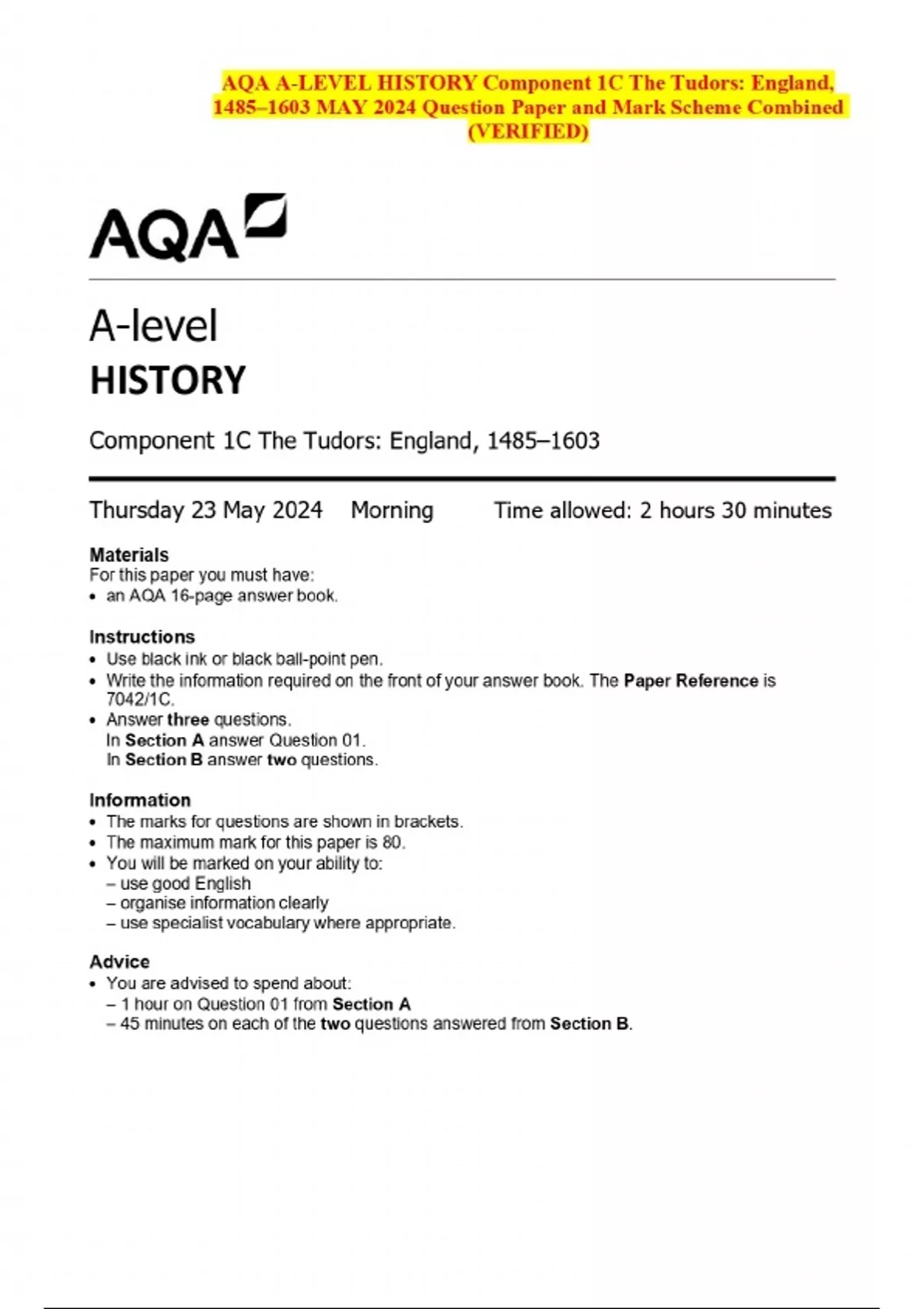 AQA A-LEVEL HISTORY Component 1C The Tudors: England, 1485–1603 MAY ...