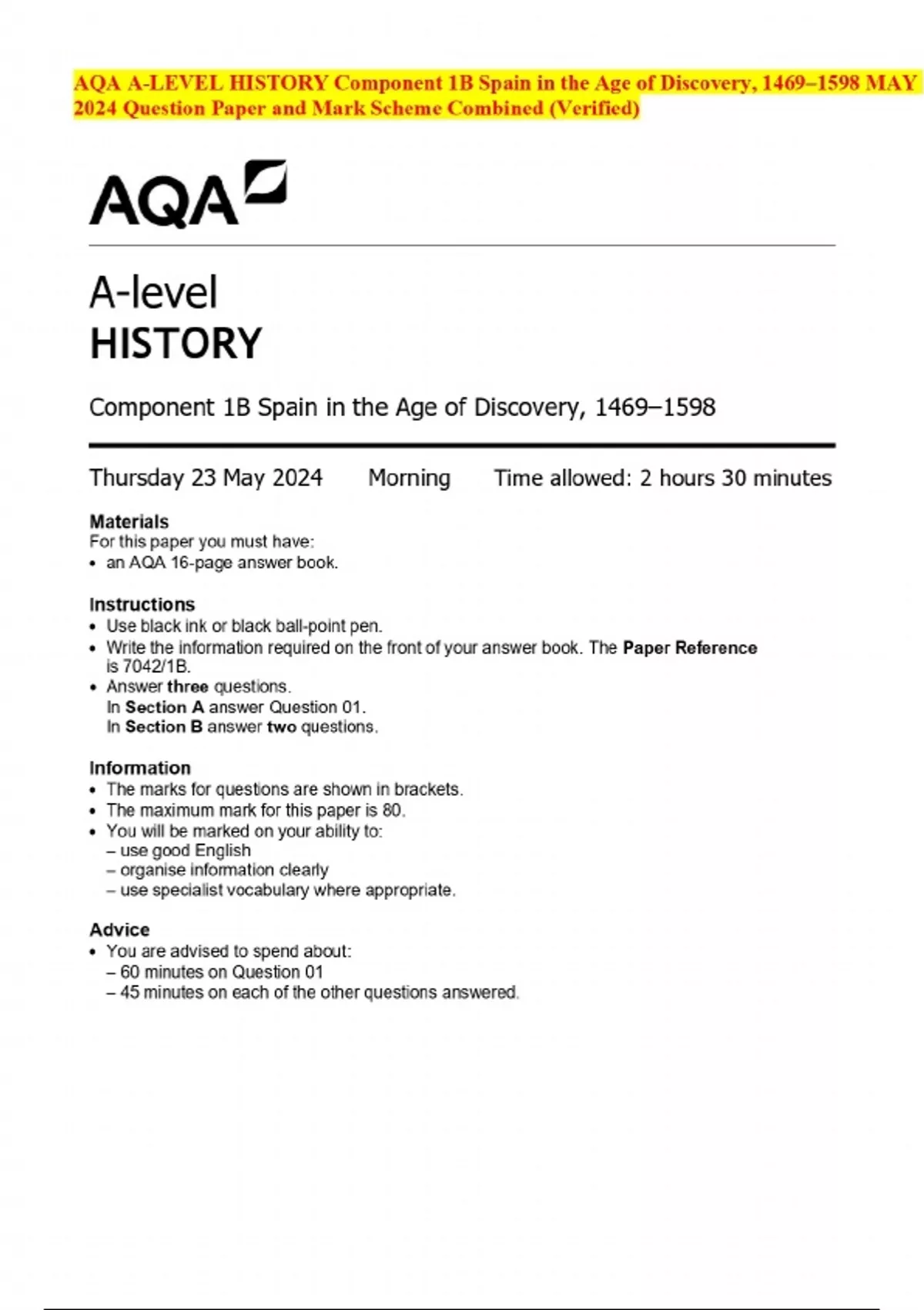AQA A-LEVEL HISTORY Component 1B Spain in the Age of Discovery, 1469 ...