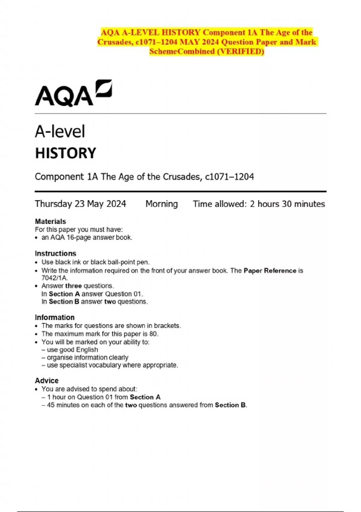 AQA A-LEVEL HISTORY Component 1A The Age of the Crusades, c1071–1204 ...
