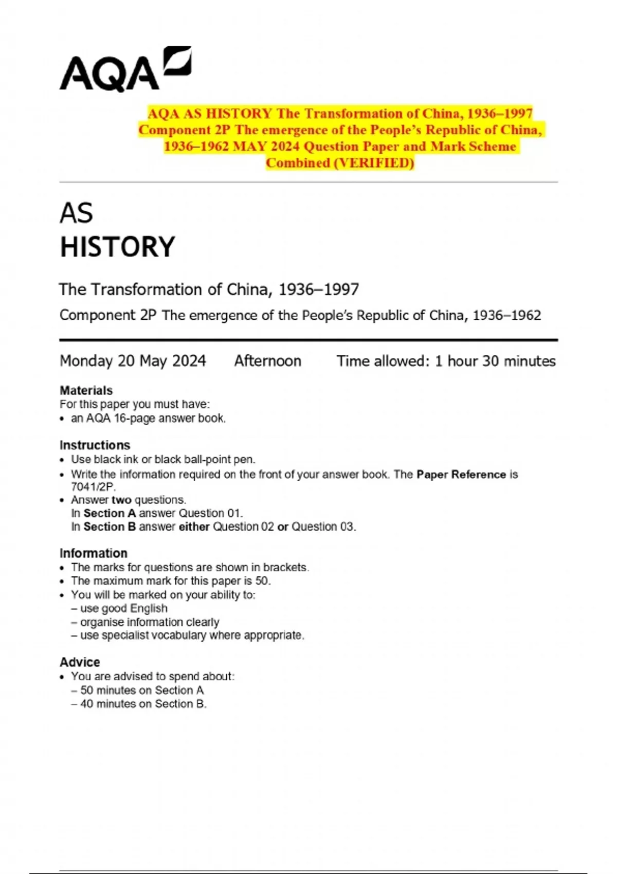 AQA AS HISTORY The Transformation of China, 1936–1997 Component 2P The ...