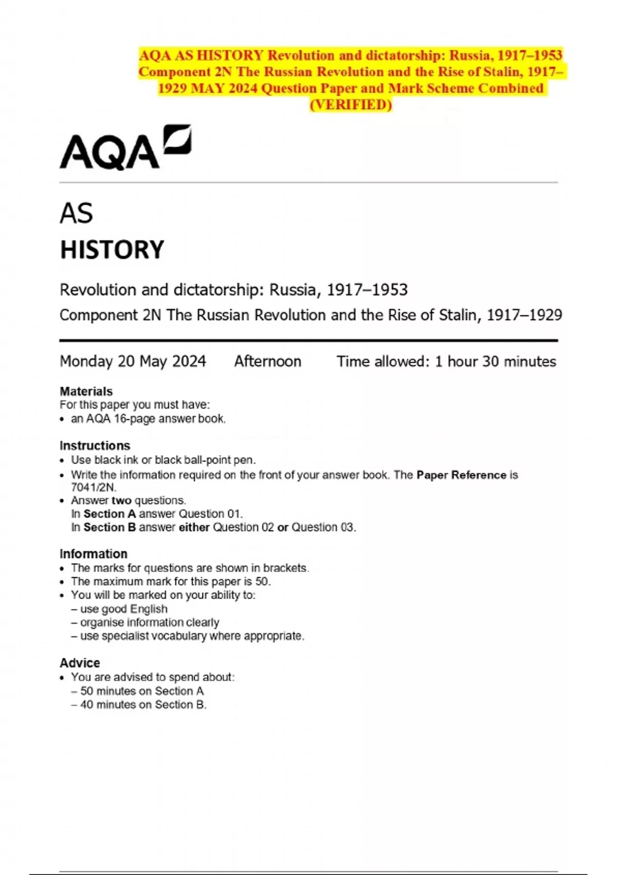 AQA AS HISTORY Revolution and dictatorship: Russia, 1917–1953 Component ...