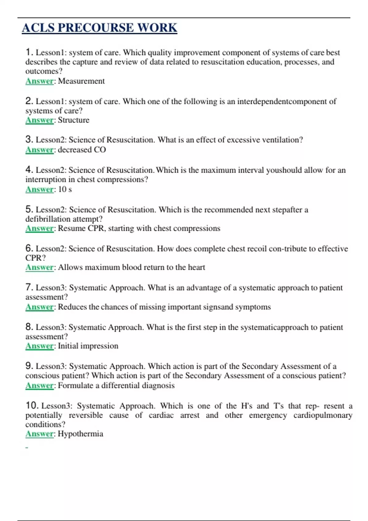 ACLS PRECOURSE WORK 2024/2025 | QUESTIONS WITH 100% VERIFIED ANSWERS ...