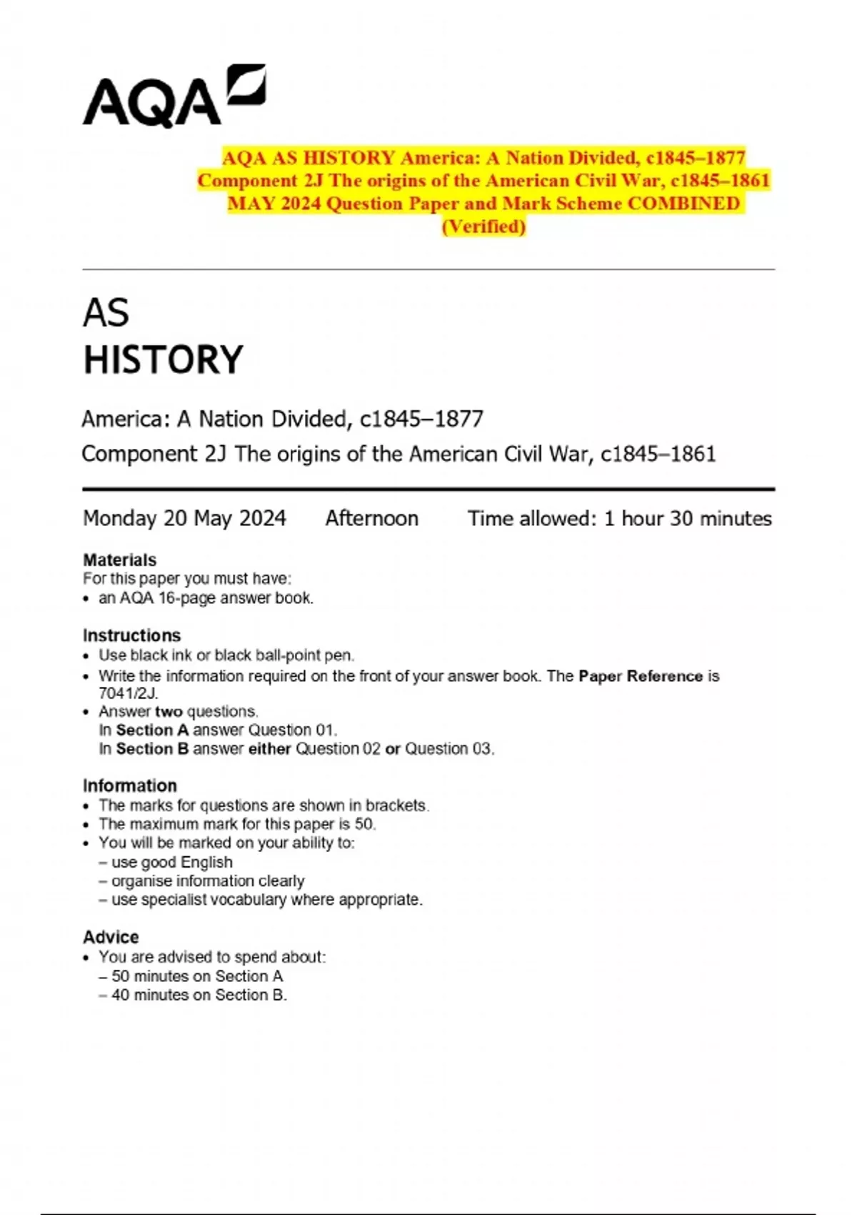 AQA AS HISTORY America: A Nation Divided, c1845–1877 Component 2J The ...