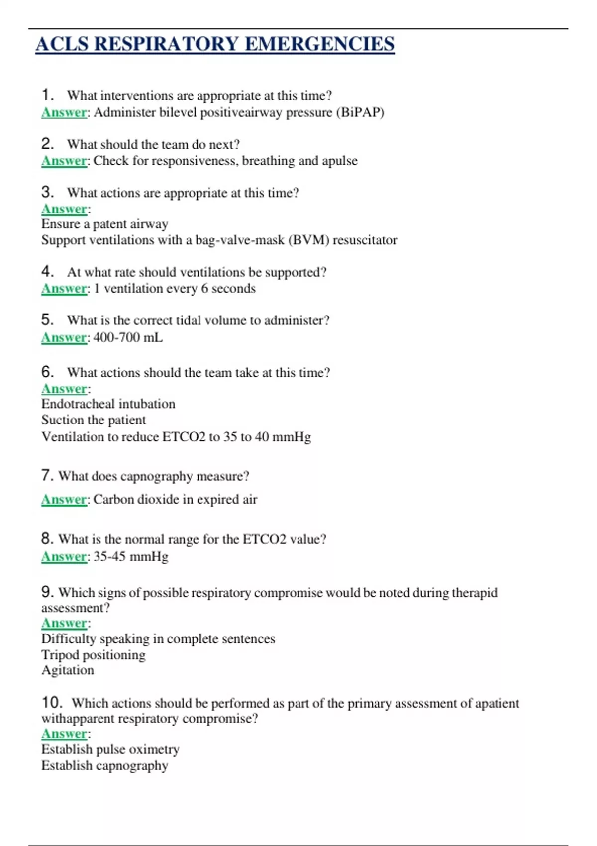 ACLS RESPIRATORY EMERGENCIES 2024/2025 | QUESTIONS WITH 100% VERIFIED ...