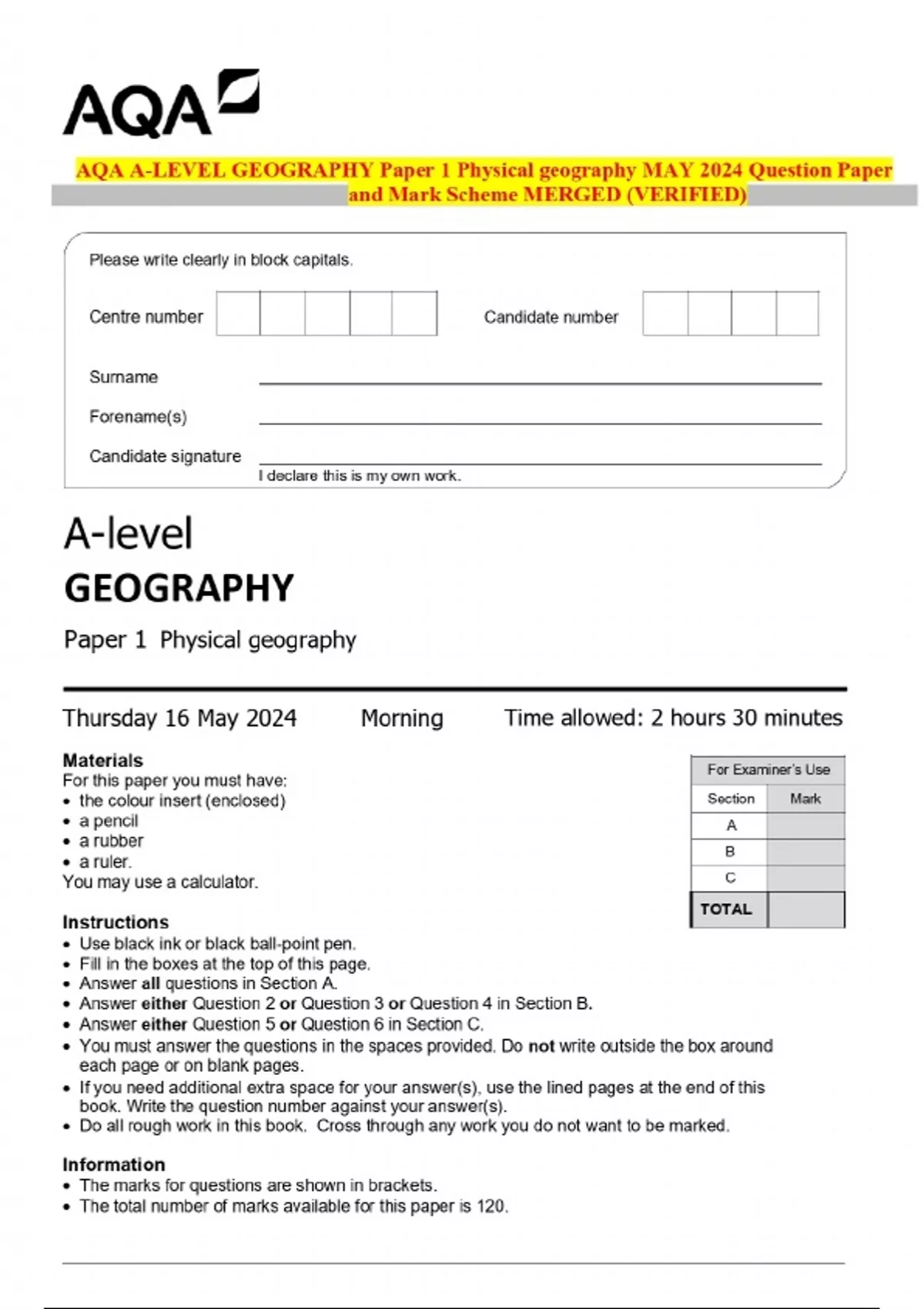 AQA A-LEVEL GEOGRAPHY Paper 1 Physical geography MAY 2024 Question ...