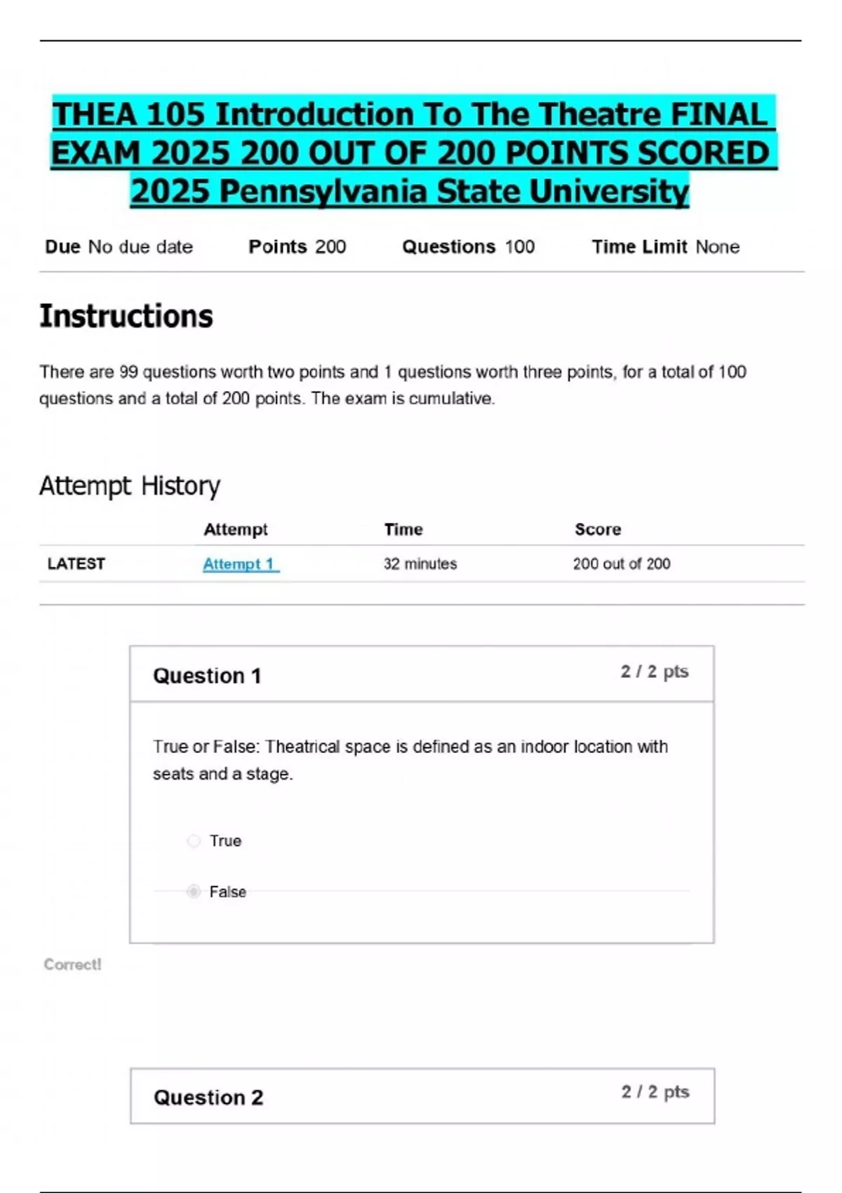 THEA 105 Introduction To The Theatre FINAL EXAM 2025|200 OUT OF 200 ...