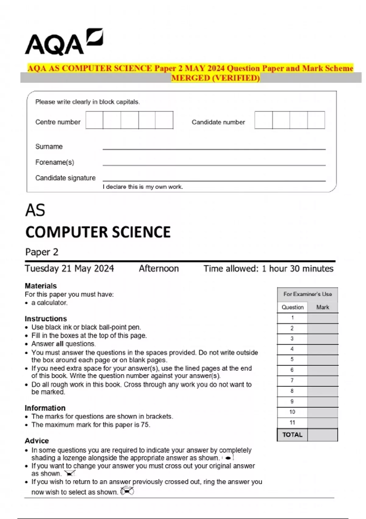 AQA AS COMPUTER SCIENCE Paper 2 MAY 2024 Question Paper and Mark Scheme MERGED (VERIFIED) - AQA ...