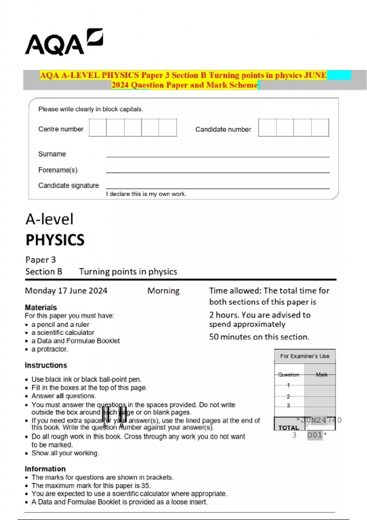 AQA A-LEVEL PHYSICS Paper 3 Section B Turning points in physics JUNE 2024 Question Paper and ...