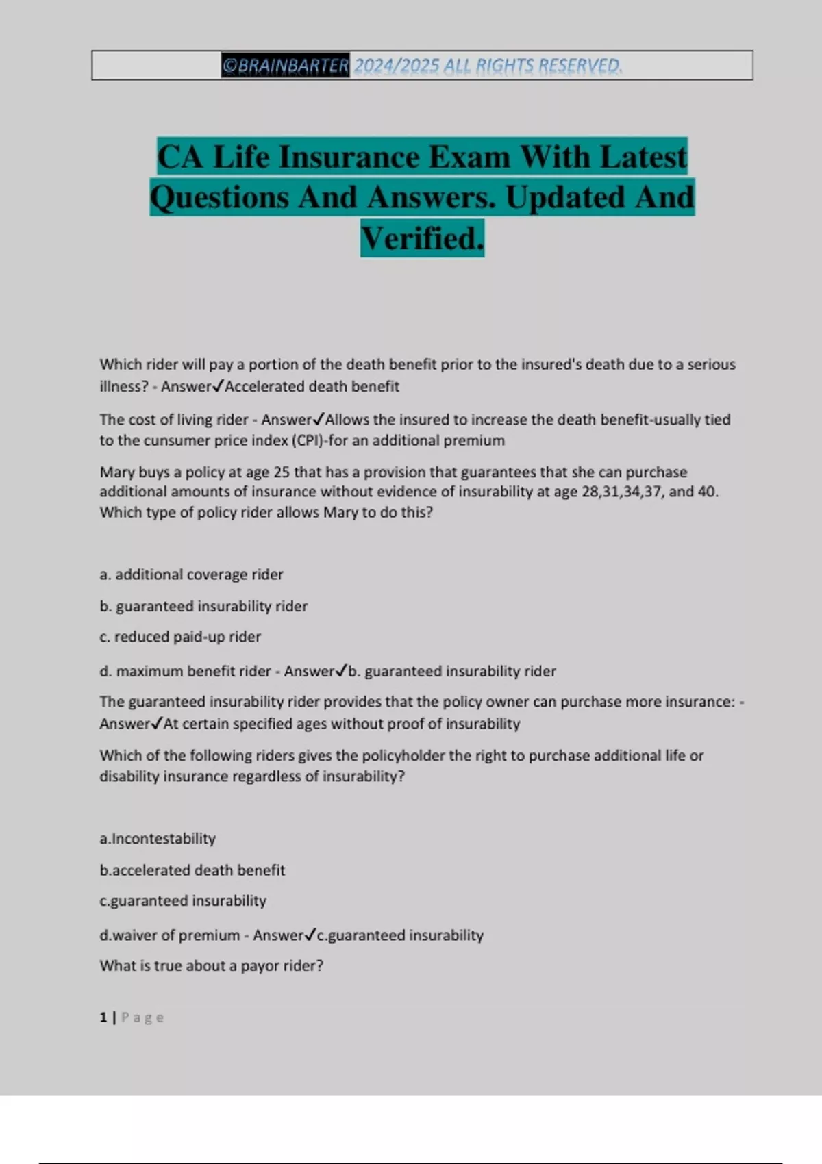 CA Life Insurance Exam With Latest Questions And Answers. Updated And ...