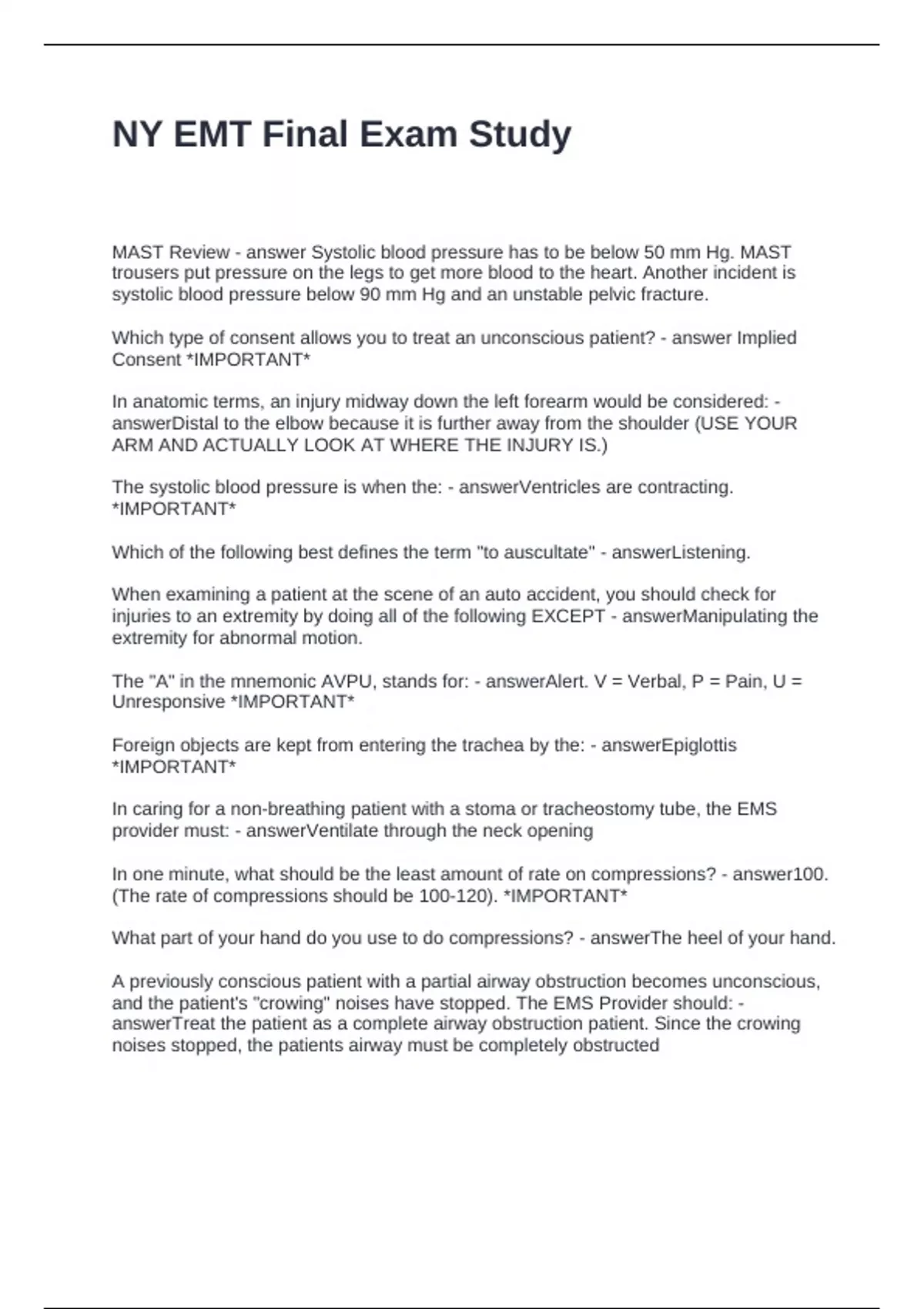 NY EMT Final Exam Study Questions with Correct Answers - NYS EMT ...