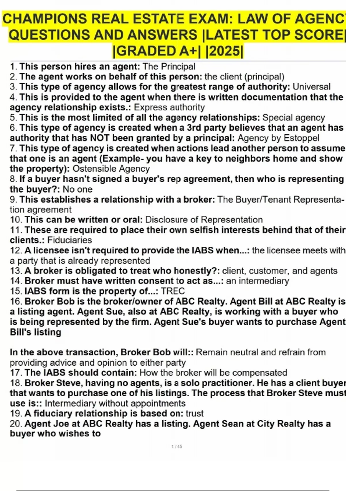 CHAMPIONS REAL ESTATE EXAM: LAW OF AGENCY QUESTIONS AND ANSWERS |LATEST ...