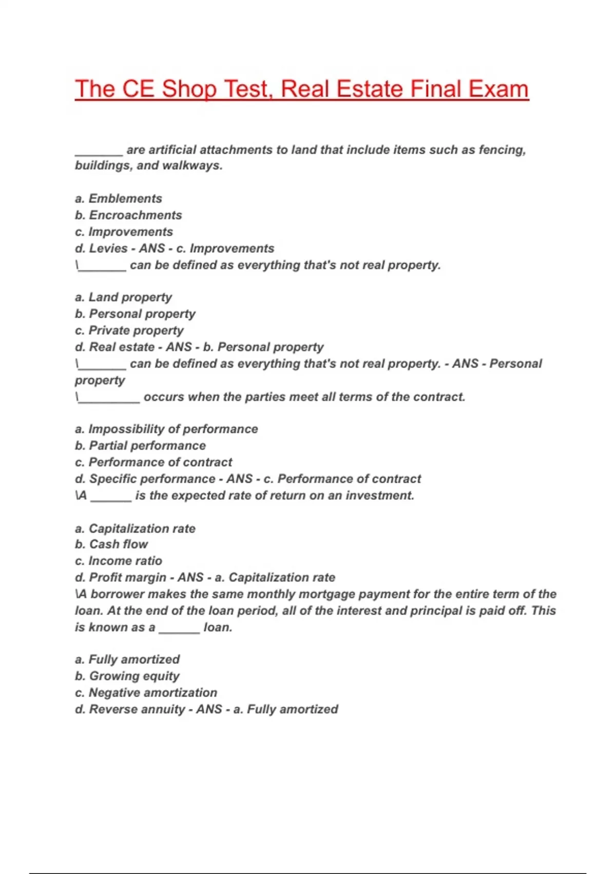 The CE Shop Test, Real Estate Final Exam 2025/2026 Questions With ...