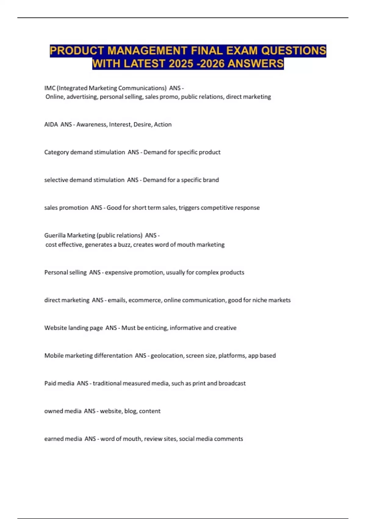 PRODUCT MANAGEMENT FINAL EXAM QUESTIONS WITH LATEST ANSWERS - AIDA ...