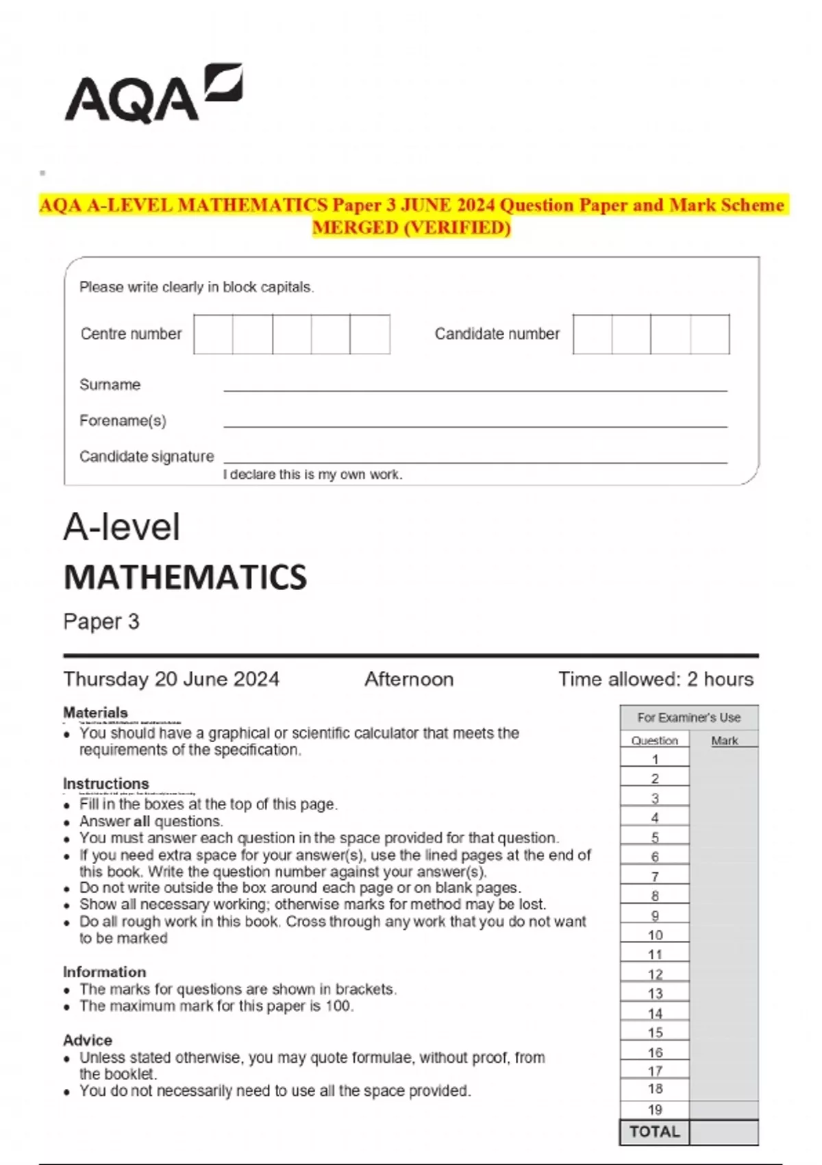 AQA A-LEVEL MATHEMATICS Paper 3 JUNE 2024 Question Paper and Mark ...