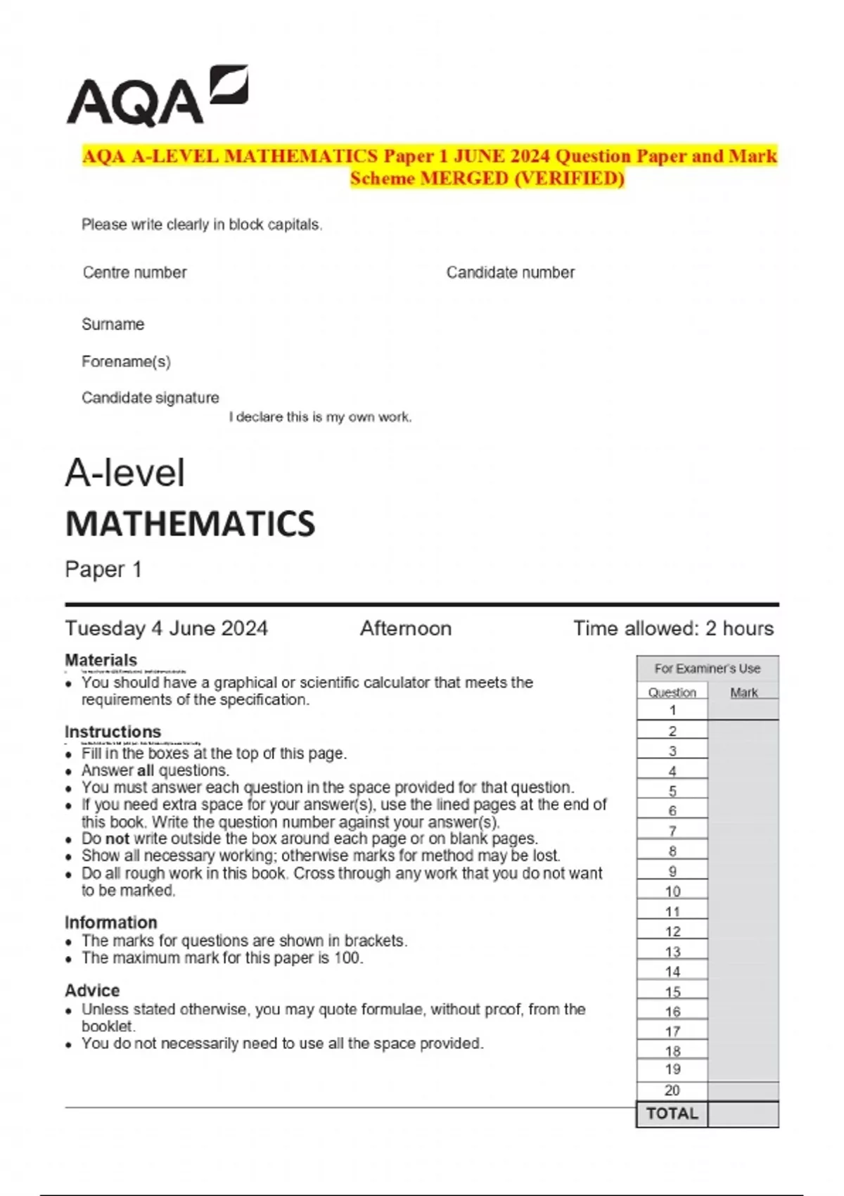 AQA A-LEVEL MATHEMATICS Paper 1 JUNE 2024 Question Paper and Mark ...