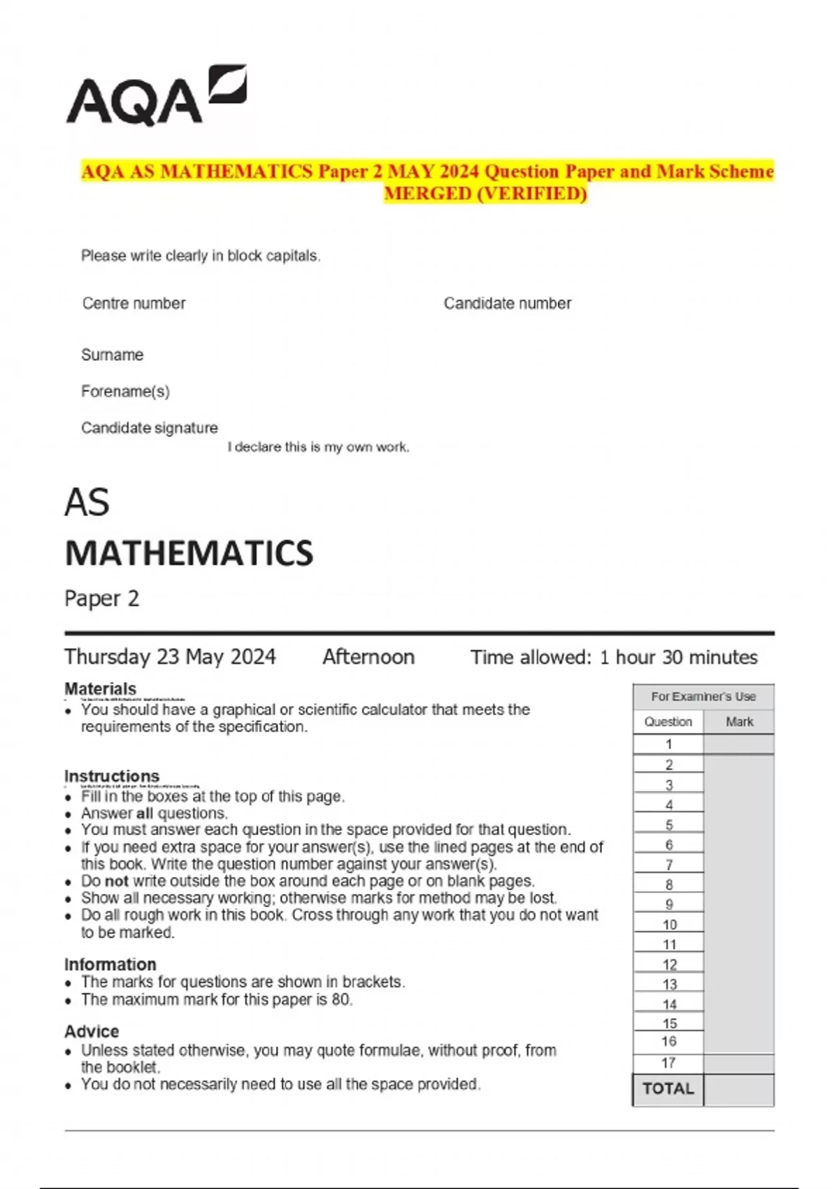 AQA AS MATHEMATICS Paper 2 MAY 2024 Question Paper and Mark Scheme ...