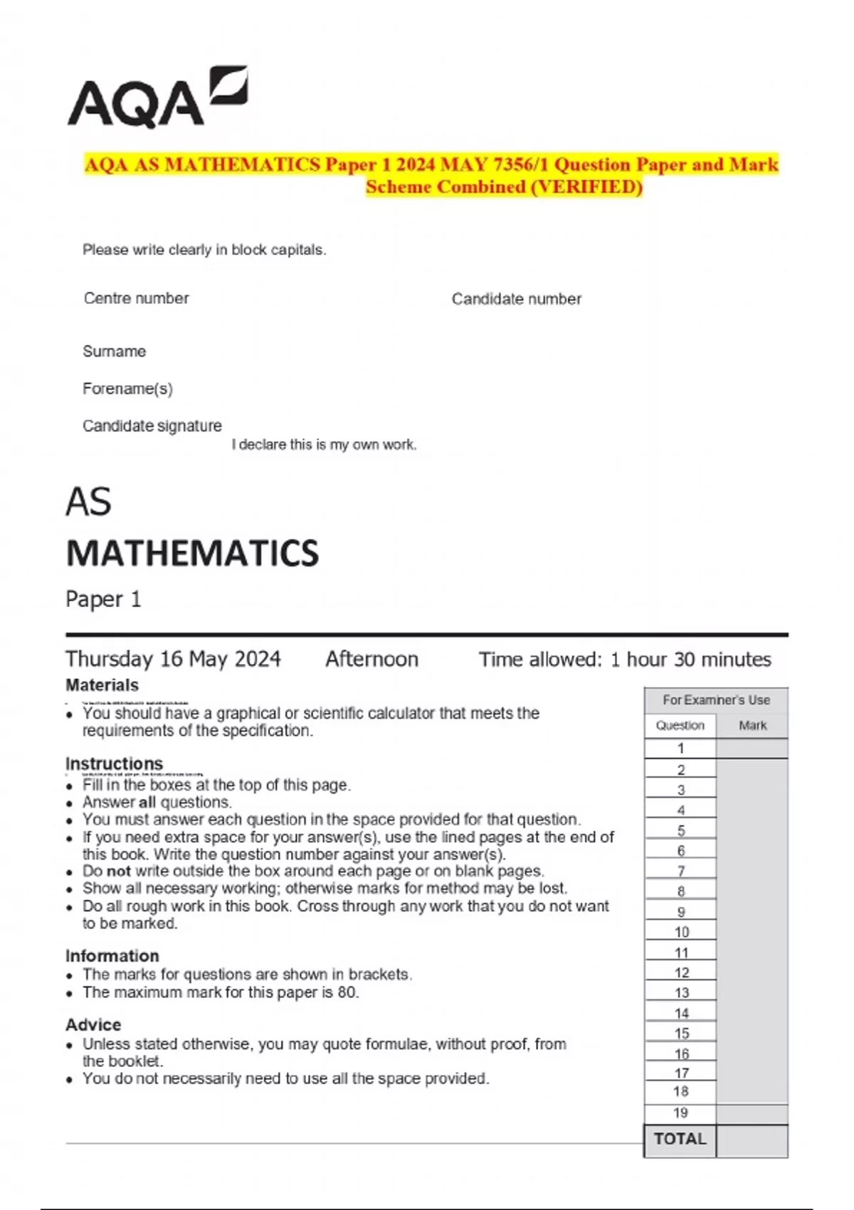 AQA AS MATHEMATICS Paper 1 2024 MAY 7356/1 Question Paper and Mark ...