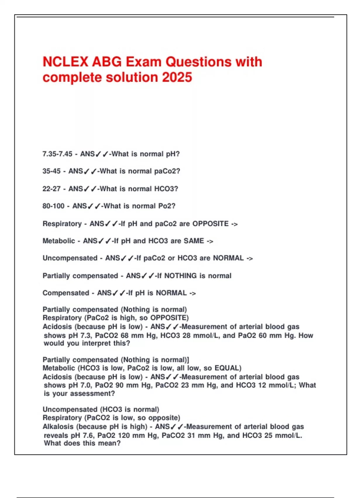 NCLEX ABG Exam Questions with complete solution 2025. - ABG - Stuvia US