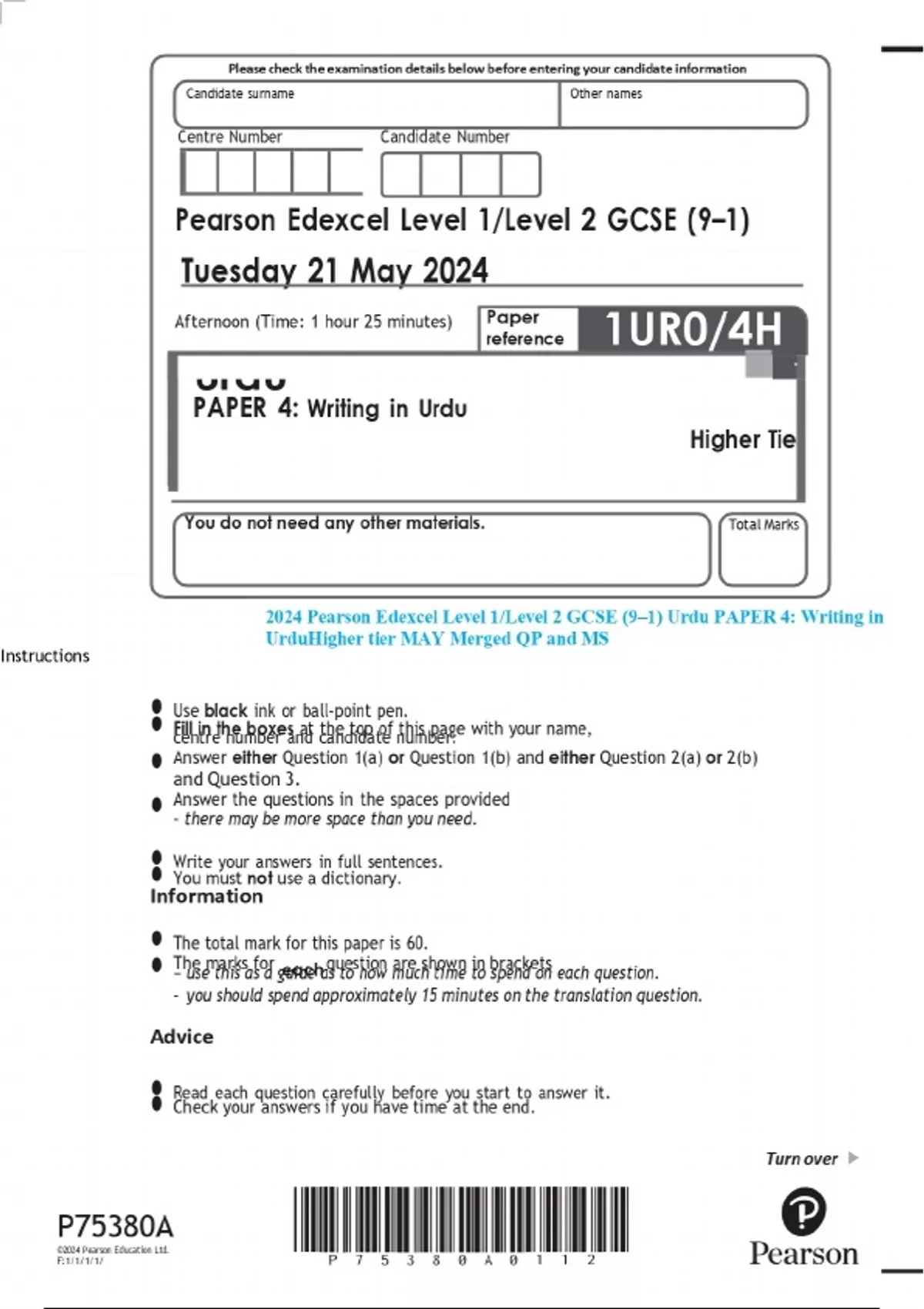 2024 Pearson Edexcel Level 1/Level 2 GCSE (9–1) Urdu PAPER 4: Writing ...