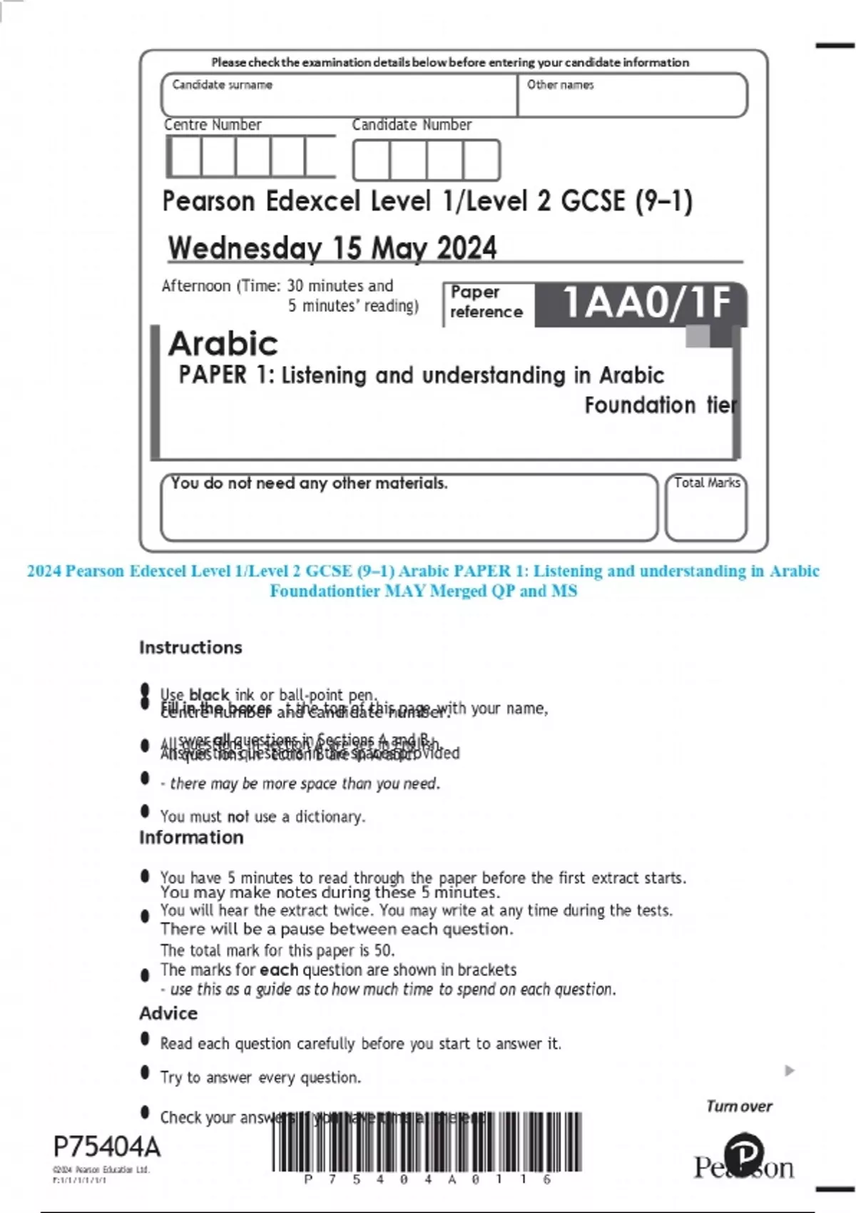 2024 Pearson Edexcel Level 1/Level 2 GCSE (9–1) Arabic PAPER 1 ...