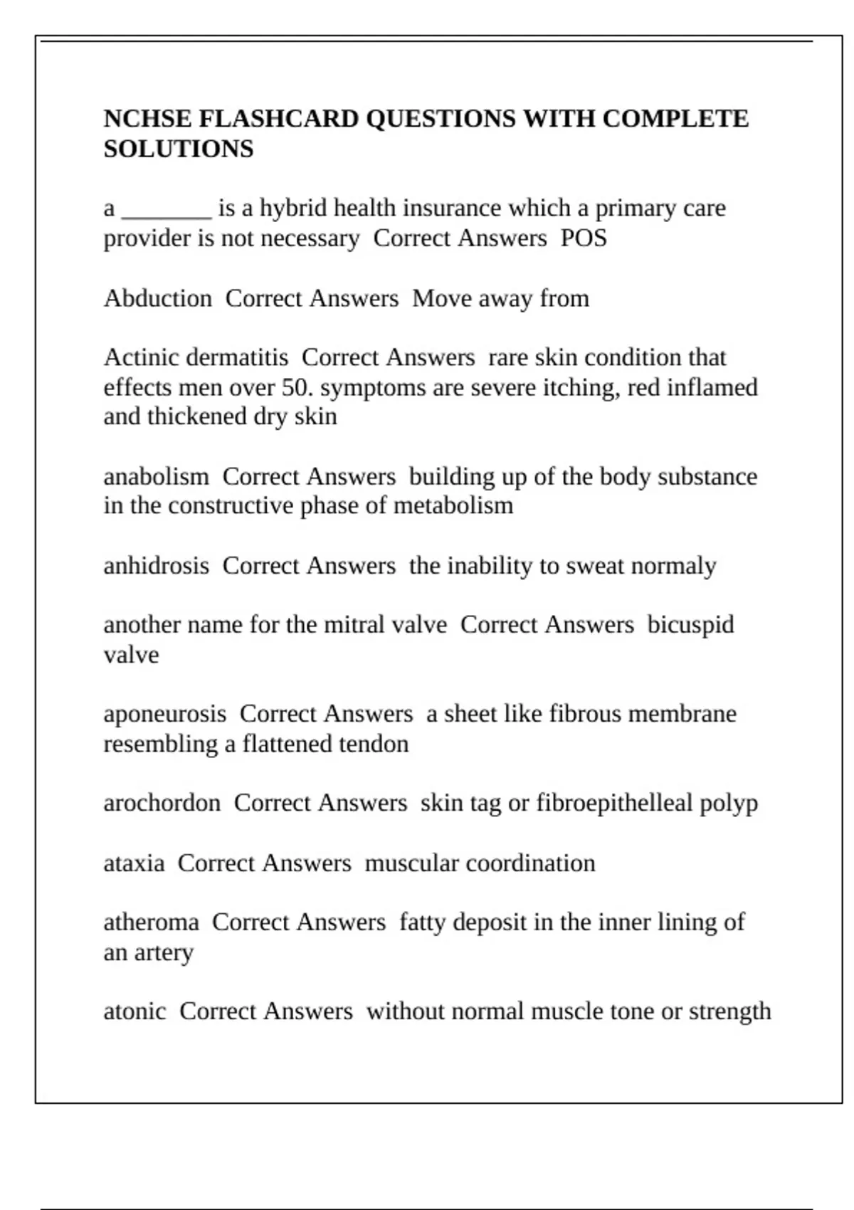 NCHSE FLASHCARD QUESTIONS WITH COMPLETE SOLUTIONS - NCHSE - Stuvia US