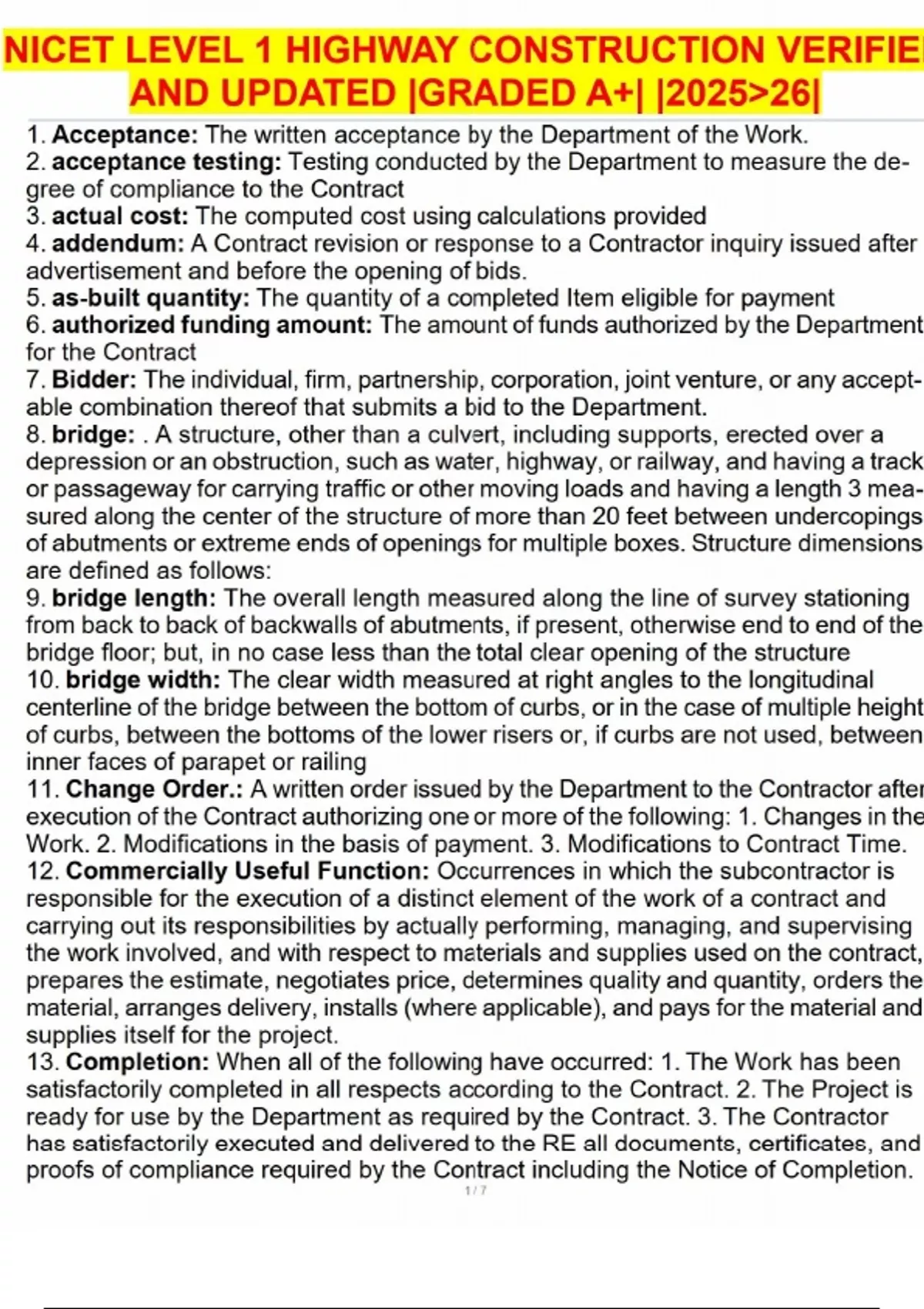 NICET LEVEL 1 HIGHWAY CONSTRUCTION VERIFIED AND UPDATED |GRADED A+ ...