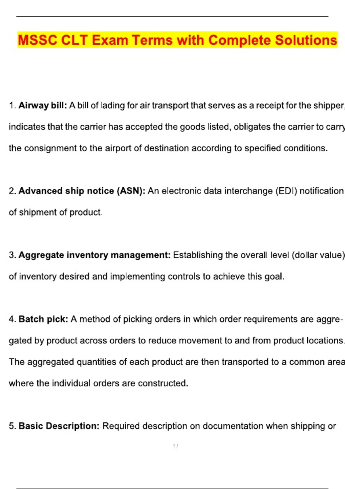MSSC CLT Exam Terms (2025 / 2026 Update) Questions and Verified Answers ...