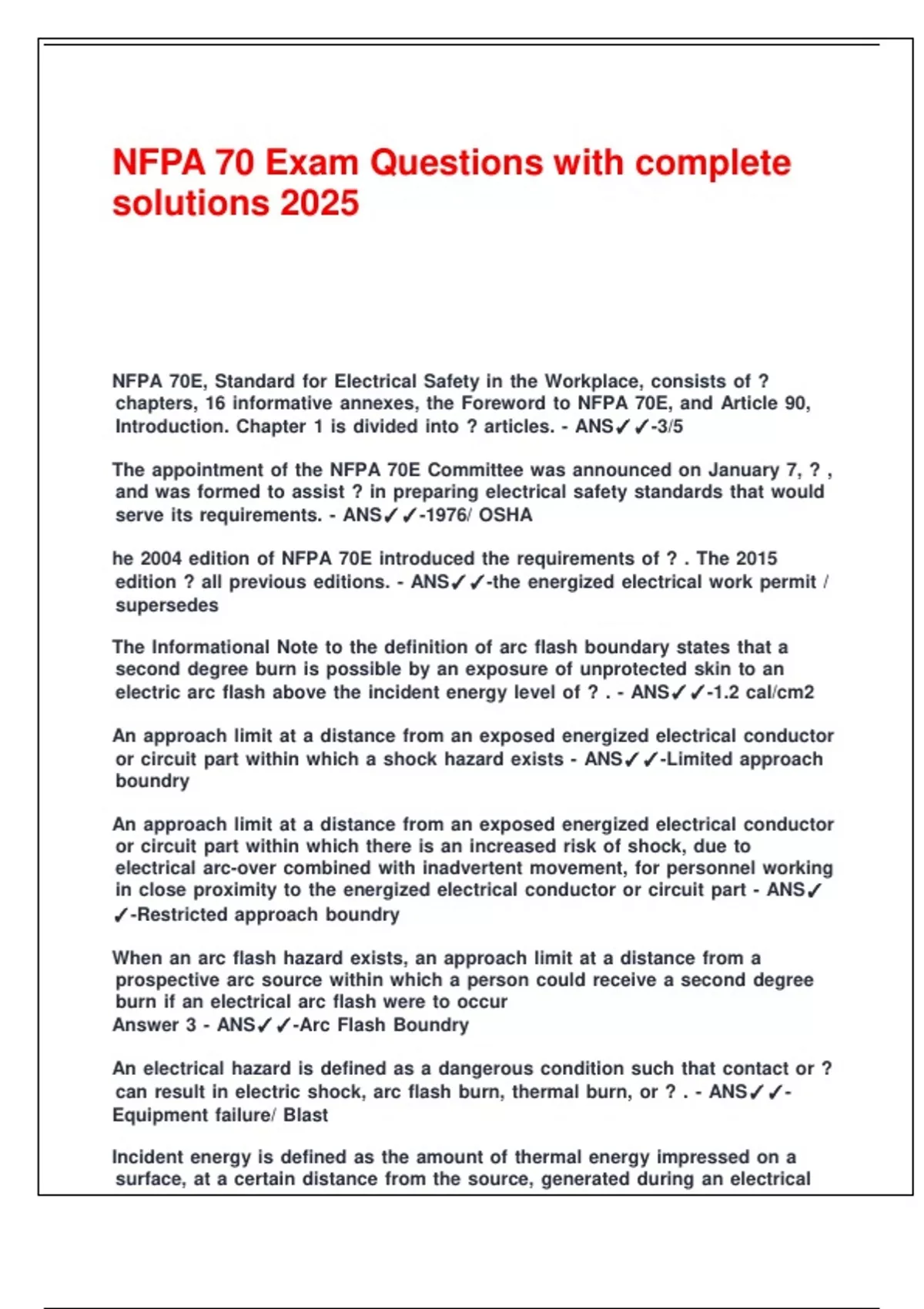 NFPA 70 Exam Questions with complete solutions 2025 - NFPA 70E - Stuvia US