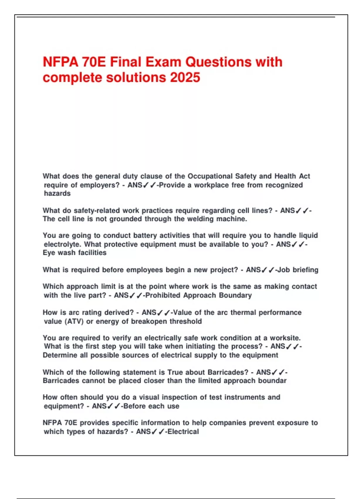 NFPA 70E Final Exam Questions with complete solutions 2025. - NFPA 70E ...