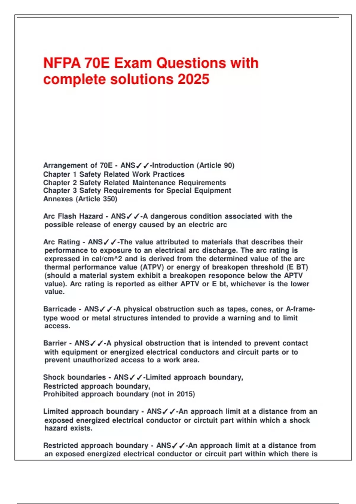 NFPA 70E Exam Questions with complete solutions 2025. - NFPA 70E - Stuvia US