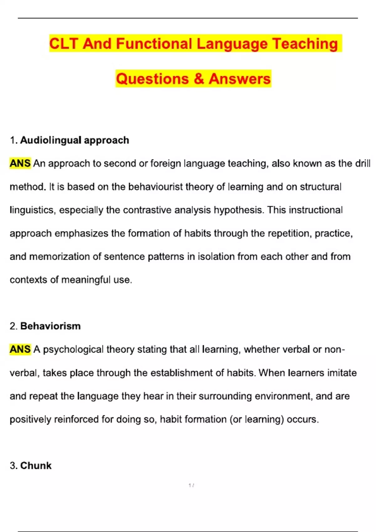 CLT and Functional Language Teaching Exam Actual Questions and Answers ...