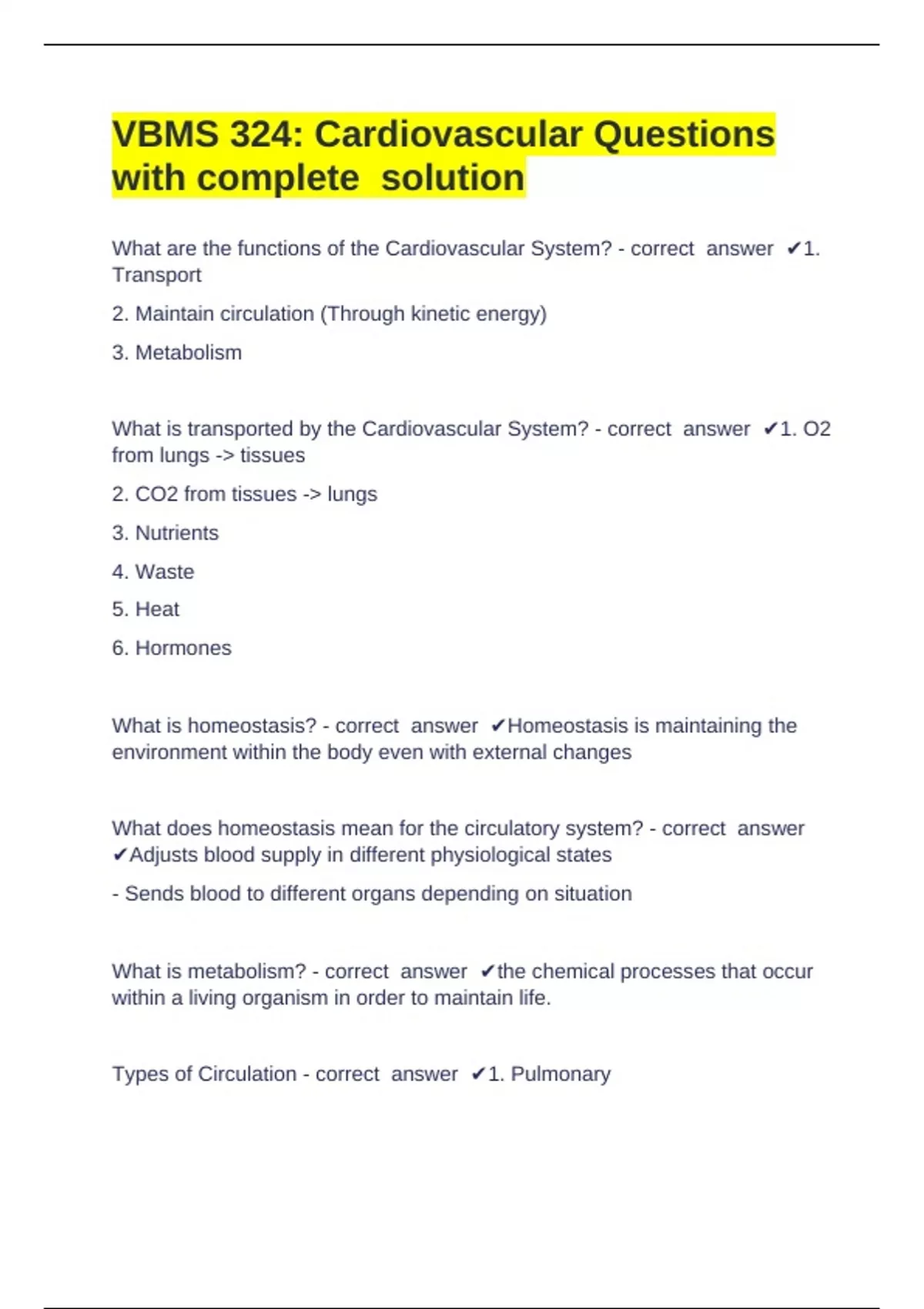 VBMS 324: Cardiovascular Questions with complete solution - VBMS 324 ...