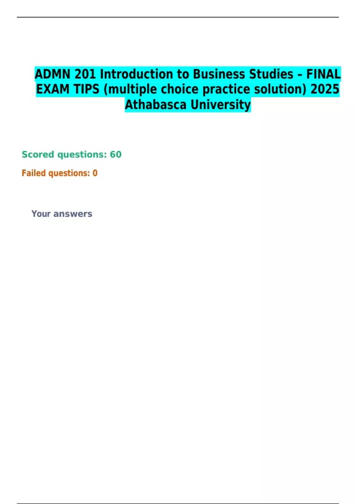 ADMN 201 Introduction to Business Studies – FINAL EXAM TIPS (multiple ...