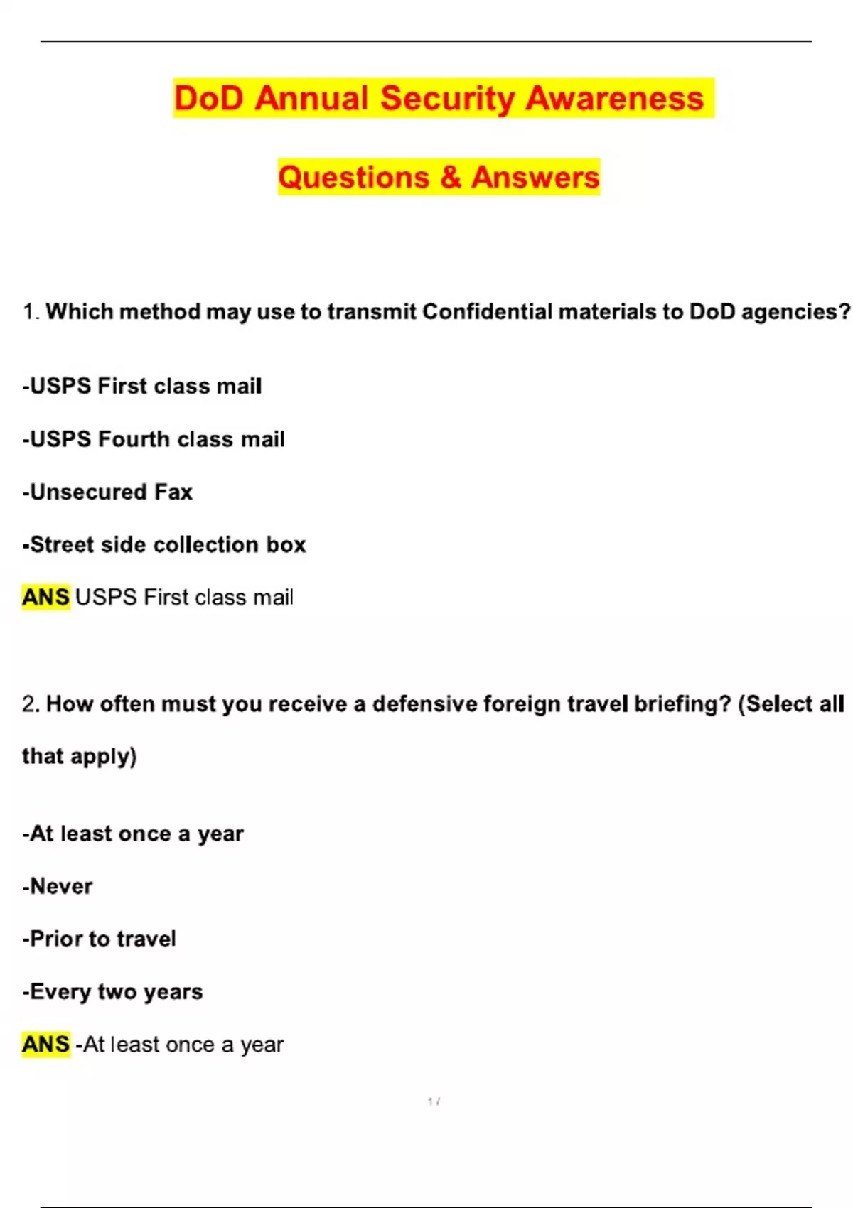 DOD Annual Security Awareness Exam (2025 / 2026 Update) Questions and ...