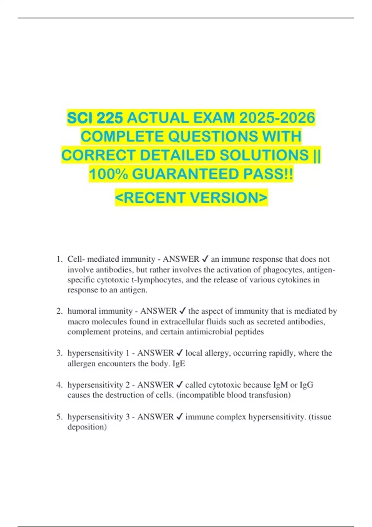 SCI 225 ACTUAL EXAM COMPLETE QUESTIONS WITH CORRECT DETAILED SOLUTIONS ...