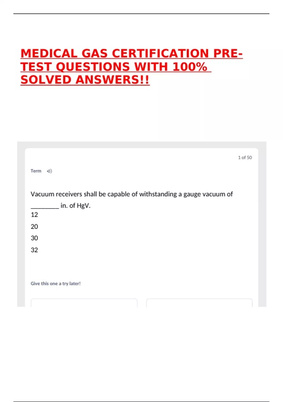 MEDICAL GAS CERTIFICATION PRE-TEST QUESTIONS WITH 100% SOLVED ANSWERS ...