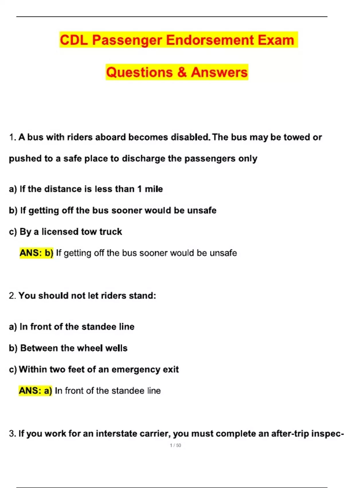 CDL Passenger Endorsement Exam (2025 / 2026 Update) Questions and ...
