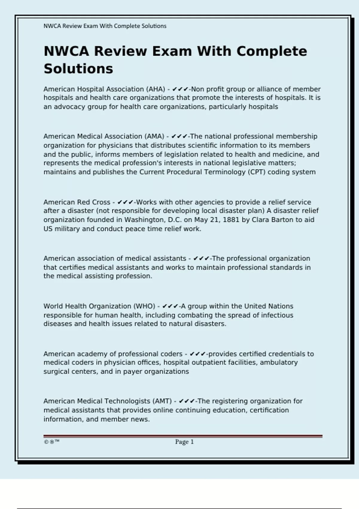 NWCA Review Exam With Complete Solutions - NWCA - Stuvia US