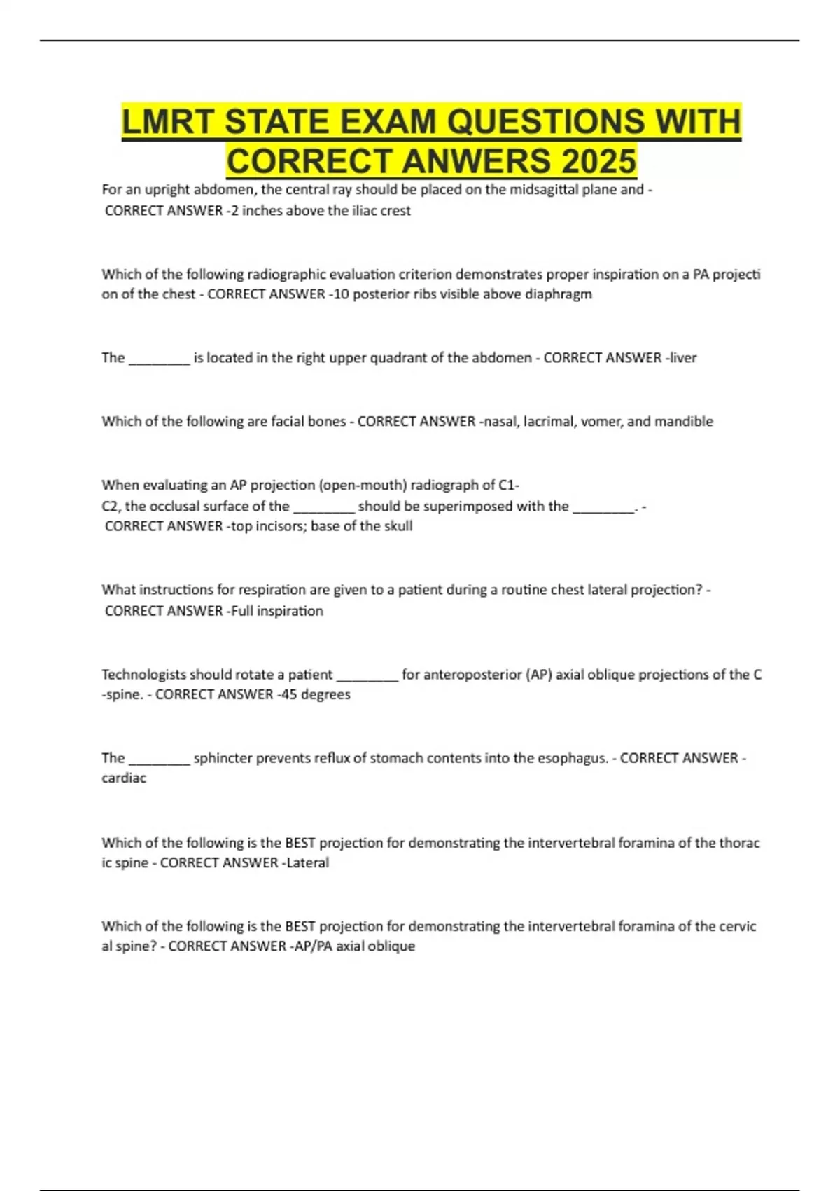 LMRT STATE EXAM QUESTIONS WITH CORRECT ANWERS 2025 - LMRT - Stuvia US
