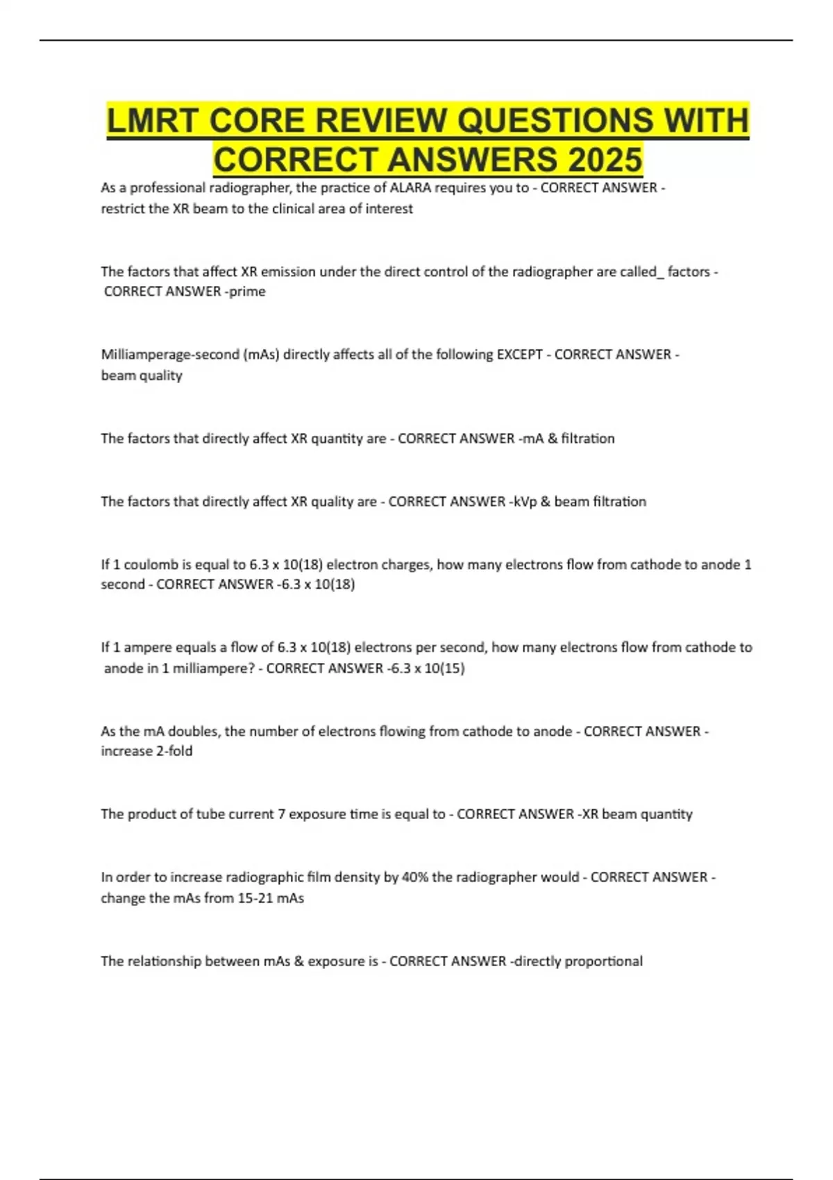 LMRT CORE REVIEW QUESTIONS WITH CORRECT ANSWERS 2025 - LMRT - Stuvia US