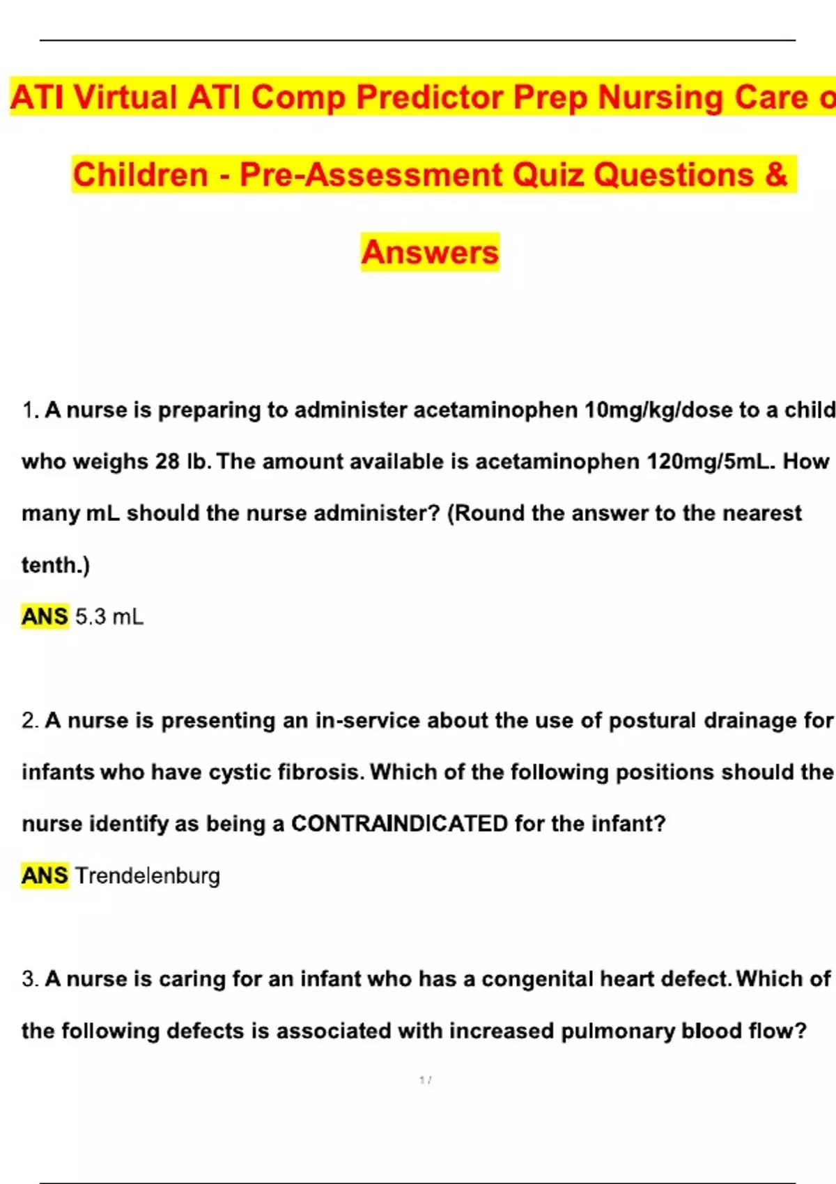 Virtual ATI Comp-Predictor Prep Nursing of Children Pre-Assessment Quiz ...