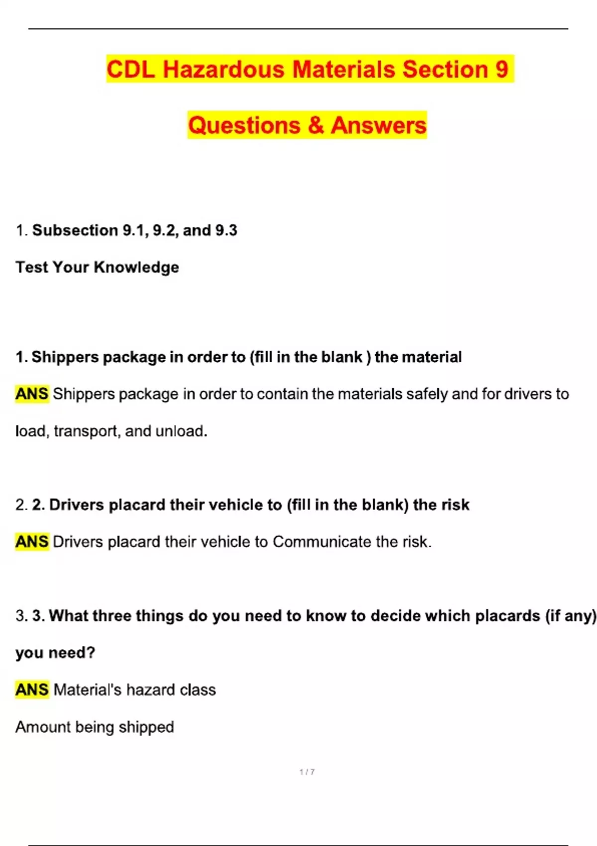 CDL Hazardous Materials Section 9 Test Latest 2025 Questions With 100% ...
