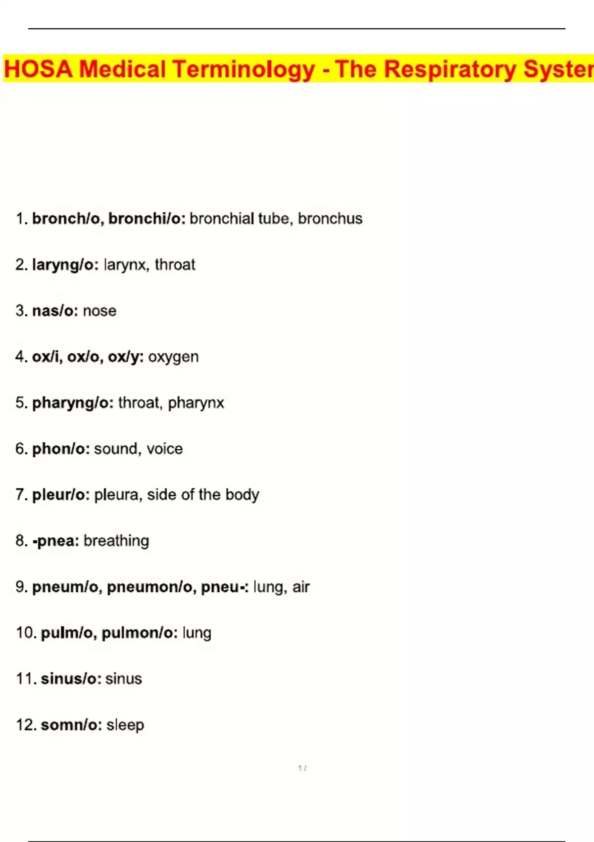 HOSA Medical Terminology - The Respiratory System Actual 2025 Questions ...