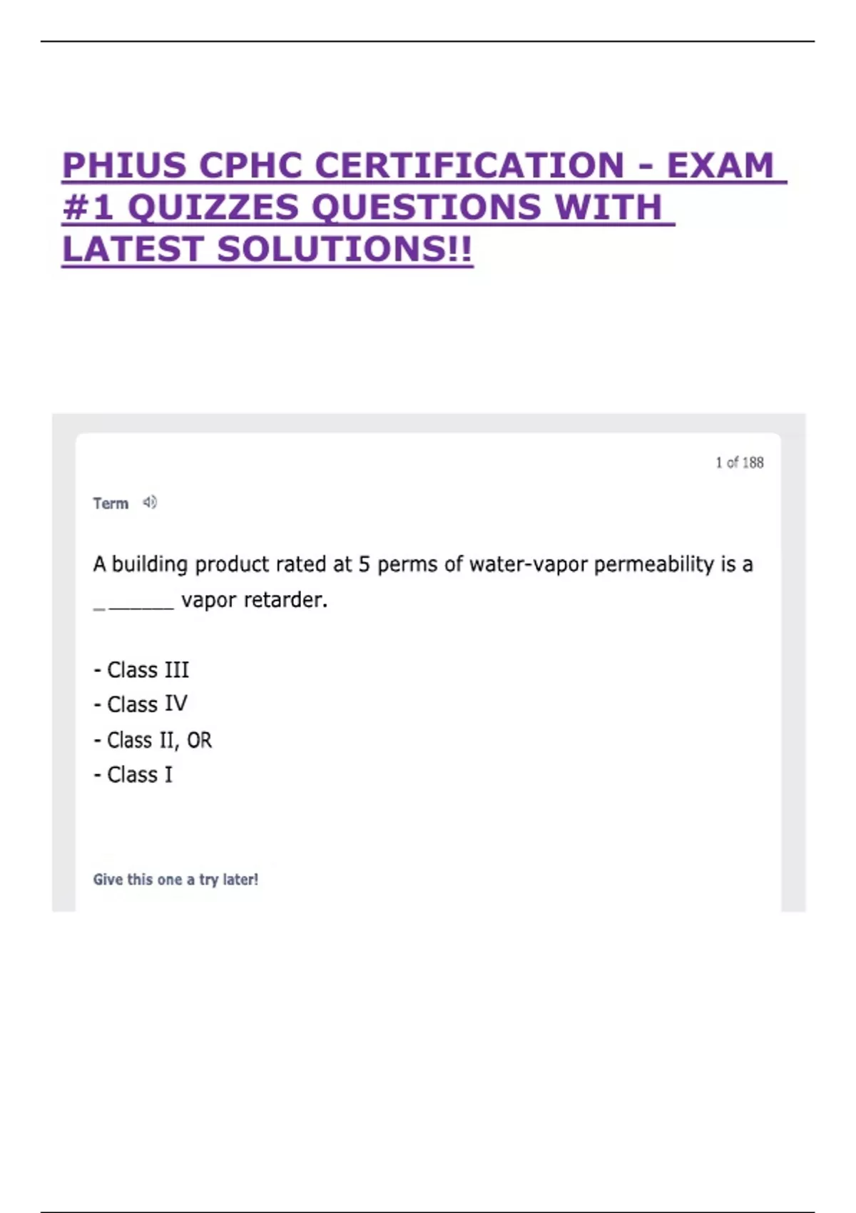 PHIUS CPHC CERTIFICATION - EXAM #1 QUIZZES QUESTIONS WITH LATEST ...