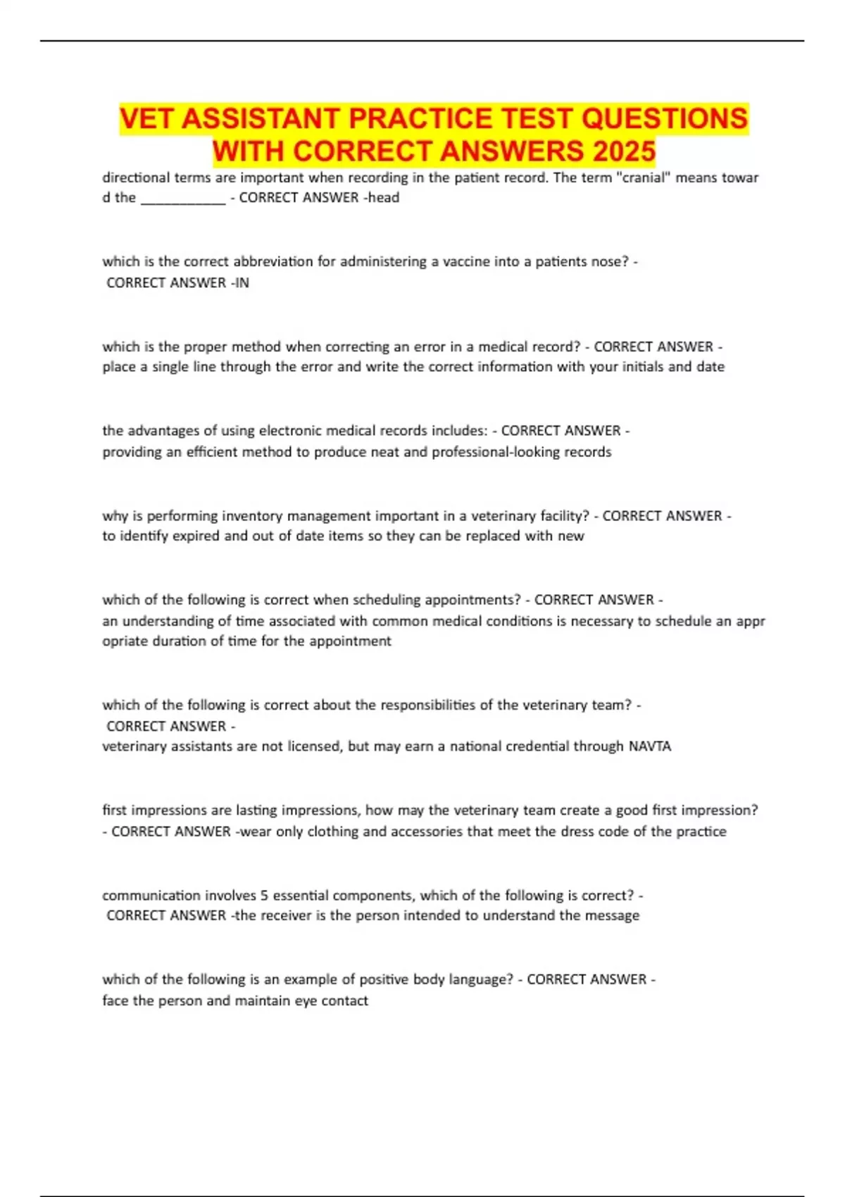 VET ASSISTANT PRACTICE TEST QUESTIONS WITH CORRECT ANSWERS 2025 - NWCA ...