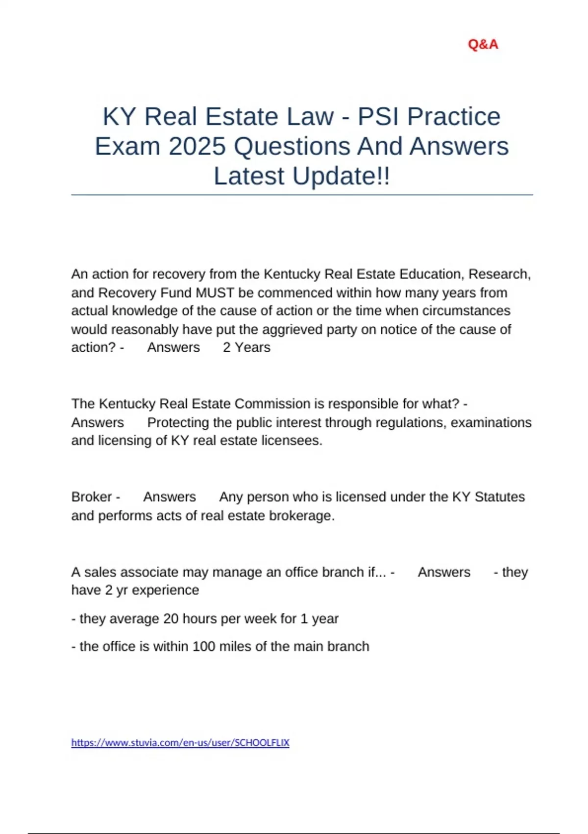 KY Real Estate Law - PSI Practice Exam 2025 Questions And Answers ...