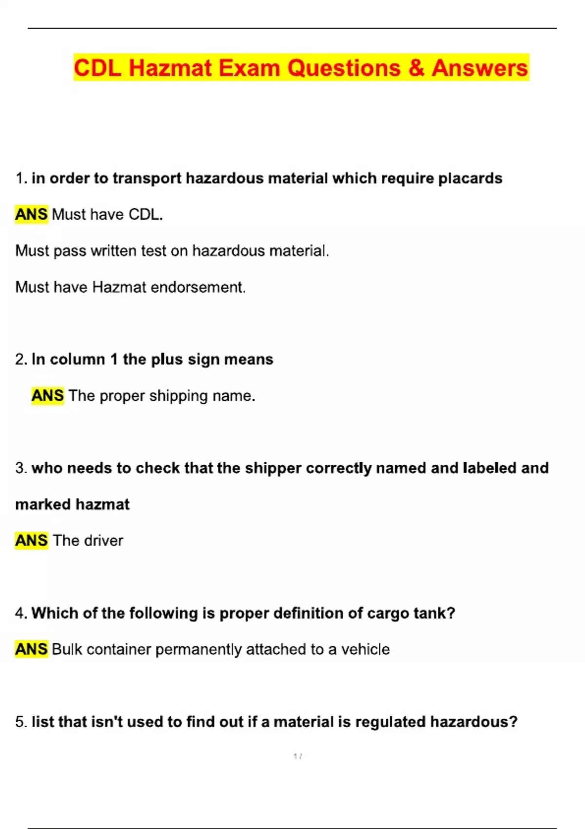 CDL Hazmat Exam Latest Actual 2025 Questions & Verified Answers 100% ...